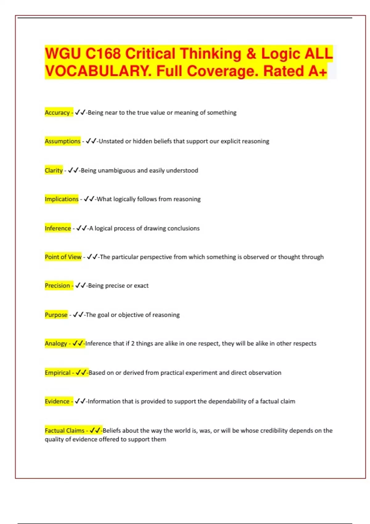 WGU C168 Critical Thinking & Logic ALL VOCABULARY. Full Coverage. Rated ...