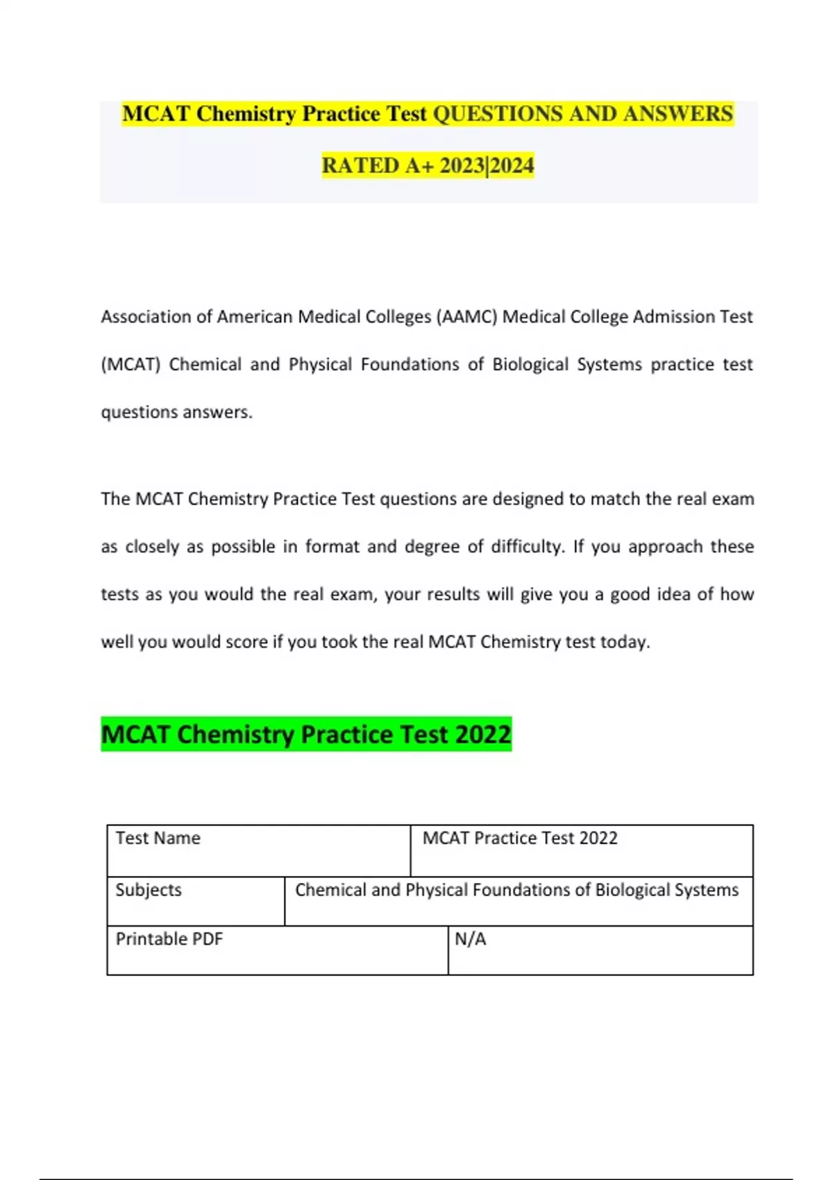 MCAT Chemistry Practice Test QUESTIONS AND ANSWERS RATED A+ 2023|2024 ...