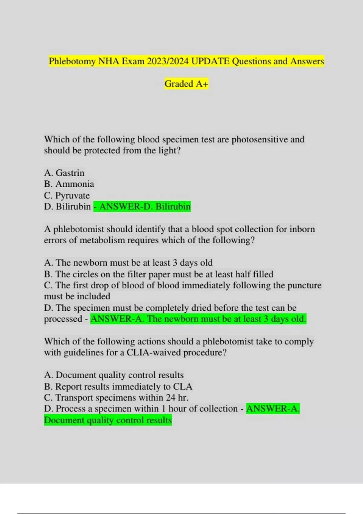Phlebotomy NHA Exam 2023/2024 UPDATE Questions and Answers Graded A+ ...
