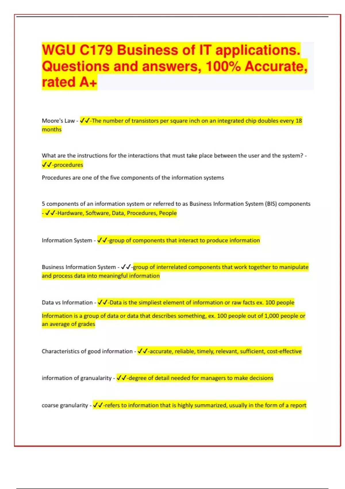 WGU C179 Business of IT applications. Questions and answers, 100% Accurate, rated A+ 2024 - WGU ...