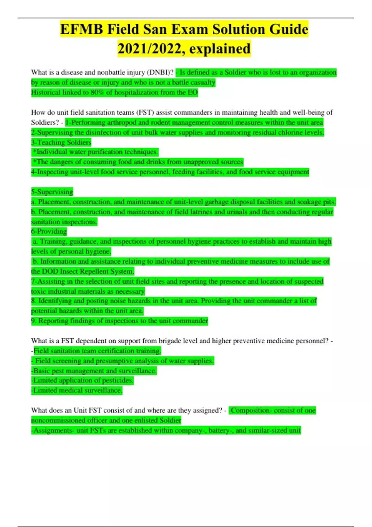 EFMB Field San Exam Solution Guide 2021/2022, explained - EFMB - Stuvia US
