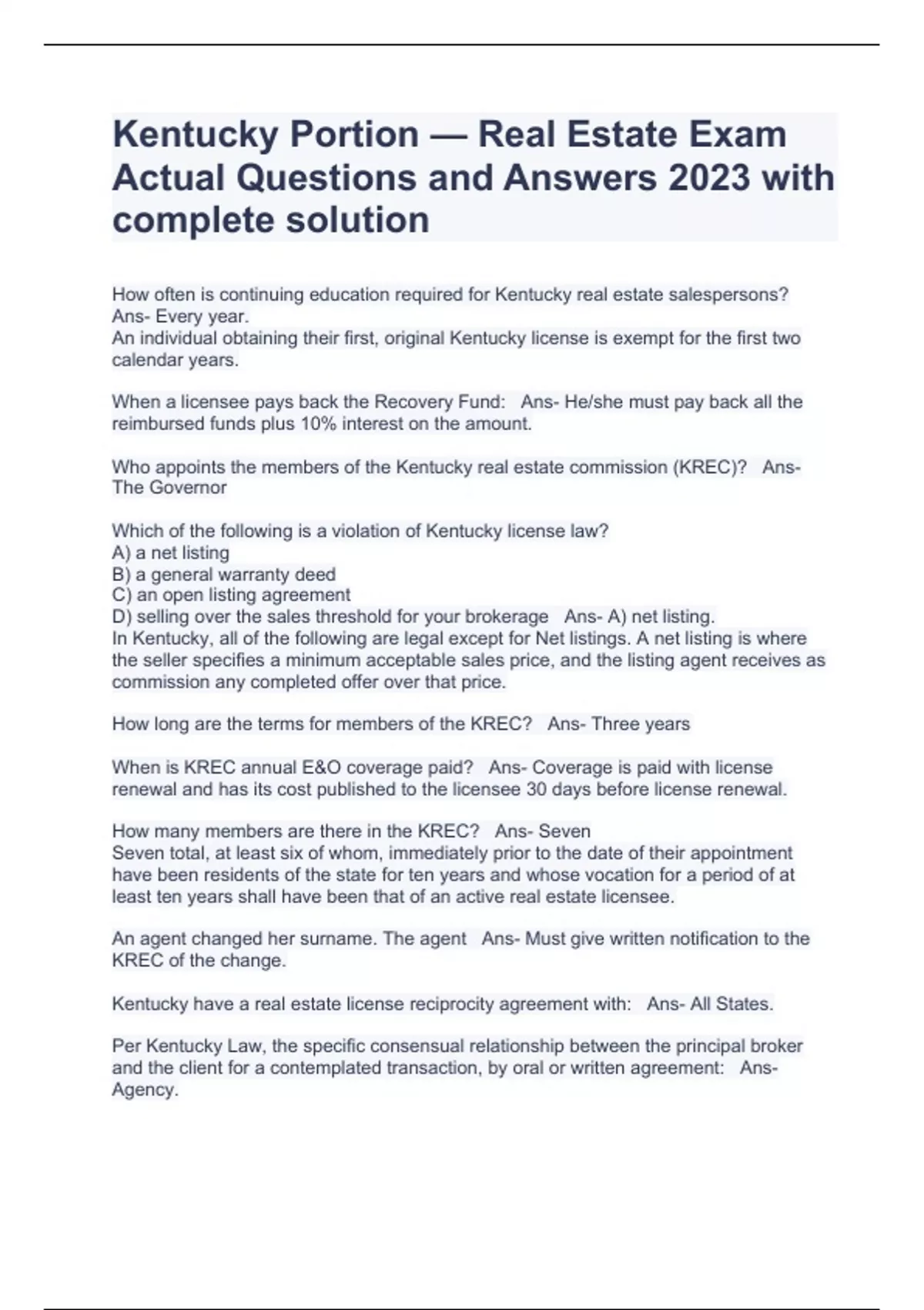 Kentucky Portion — Real Estate Exam Actual Questions and Answers 2023 ...