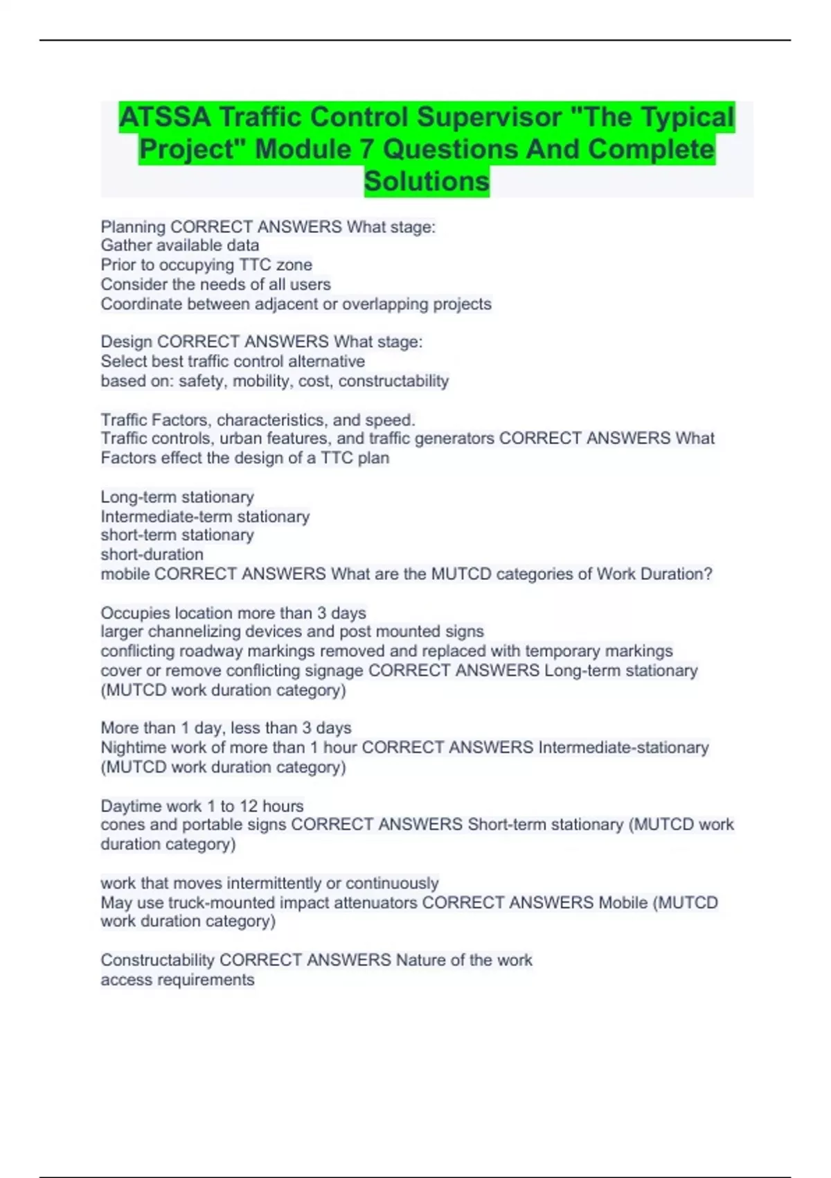 Atssa Traffic Control Supervisor The Typical Project Module 7 Questions And Complete Solutions