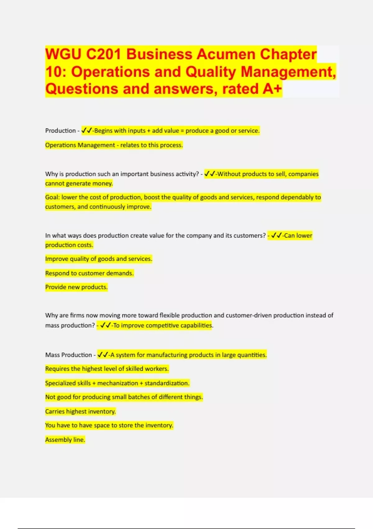WGU C201 Business Acumen Chapter 10: Operations and Quality Management, Questions and answers ...