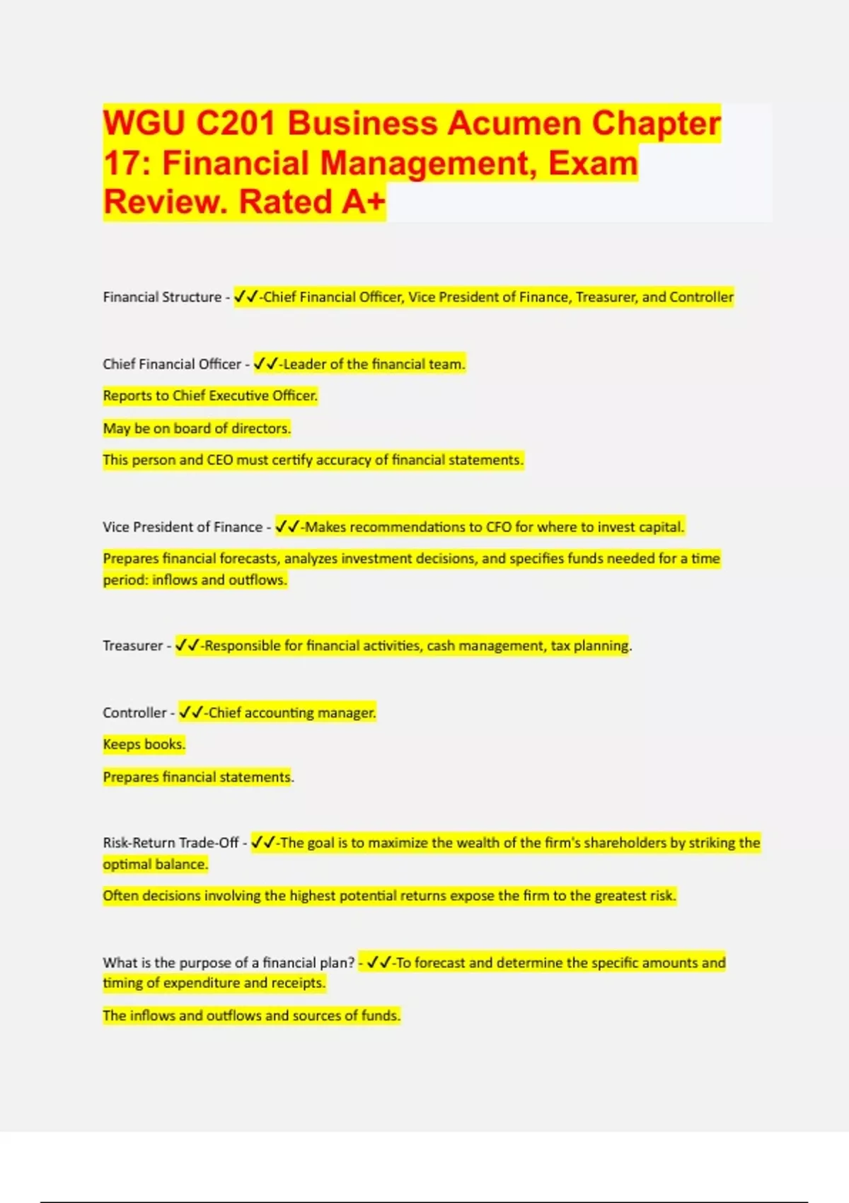 WGU C201 Business Acumen Chapter 17: Financial Management, Exam Review. Rated A+ 2024 - WGU C201 ...