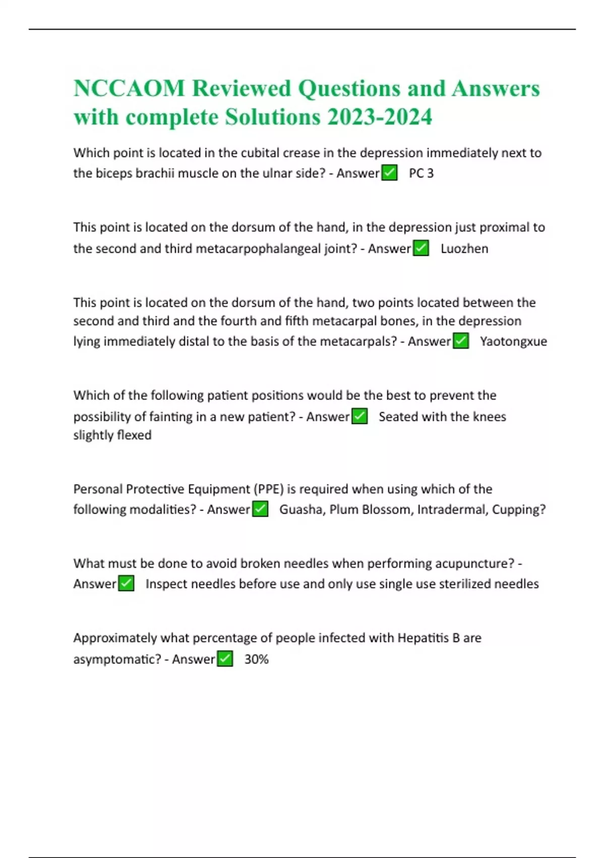 NCCAOM Reviewed | 88 Questions and Answers with complete Solutions ...