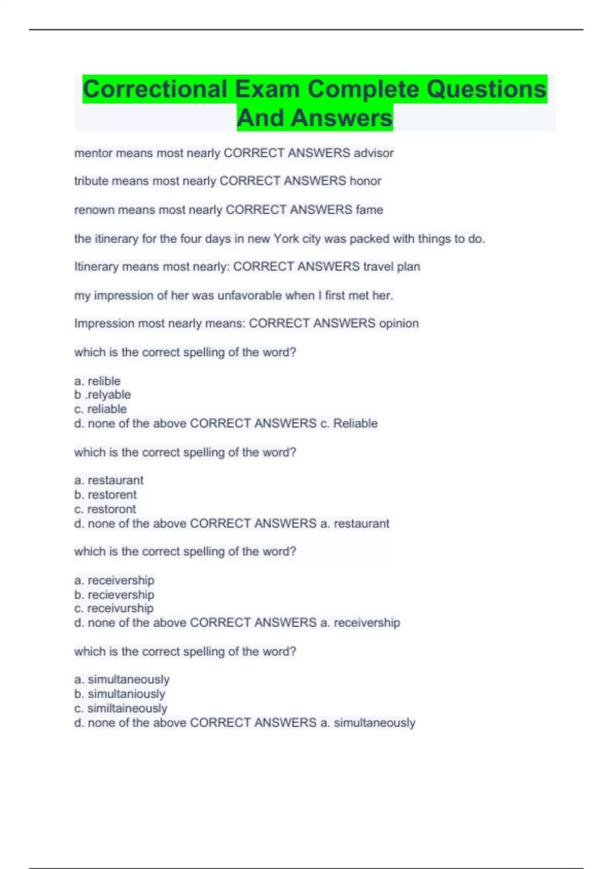 Correctional Exam Complete Questions And Answers - Officer - Stuvia US