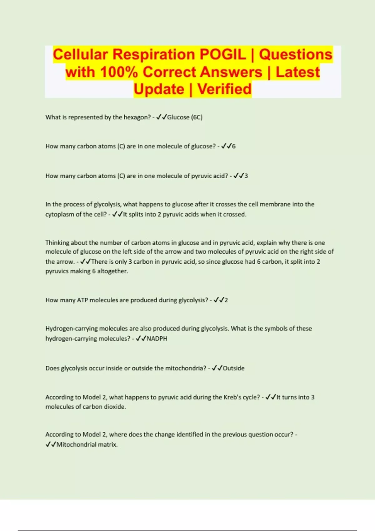Cellular Respiration POGIL | Questions with 100% Correct Answers ...
