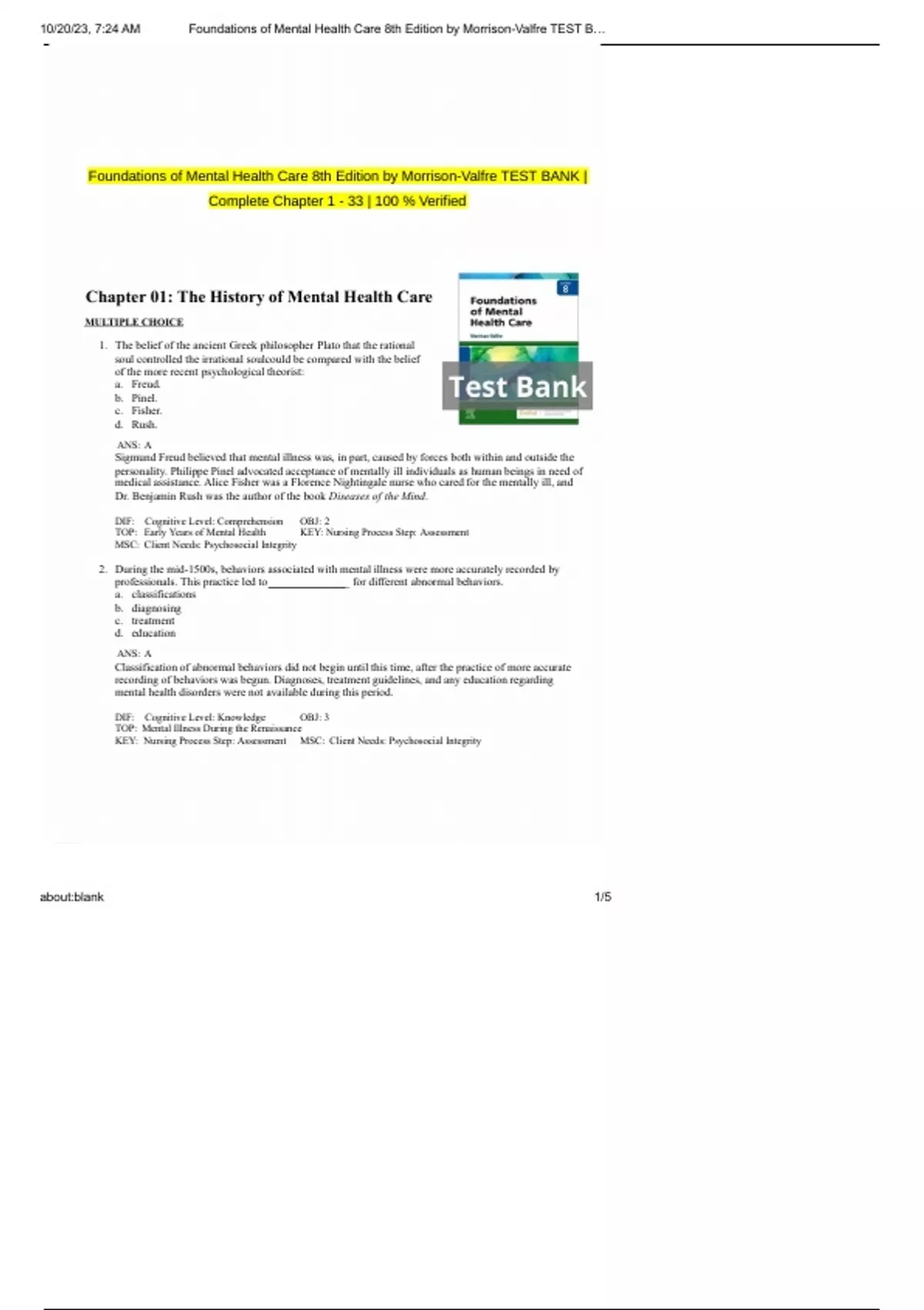 Foundations of Mental Health Care 8th Edition by Morrison-Valfre TEST ...