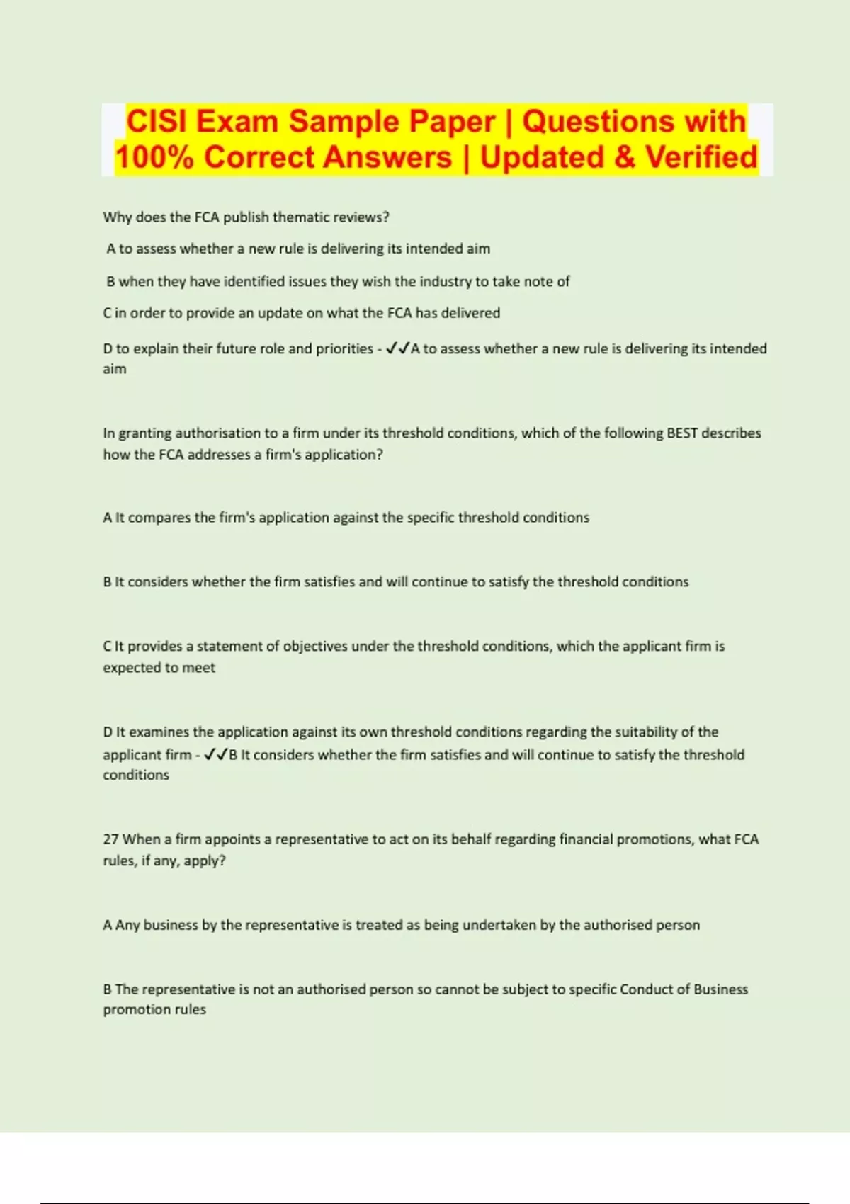 CISI Exam Sample Paper | Questions with 100% Correct Answers | Updated ...