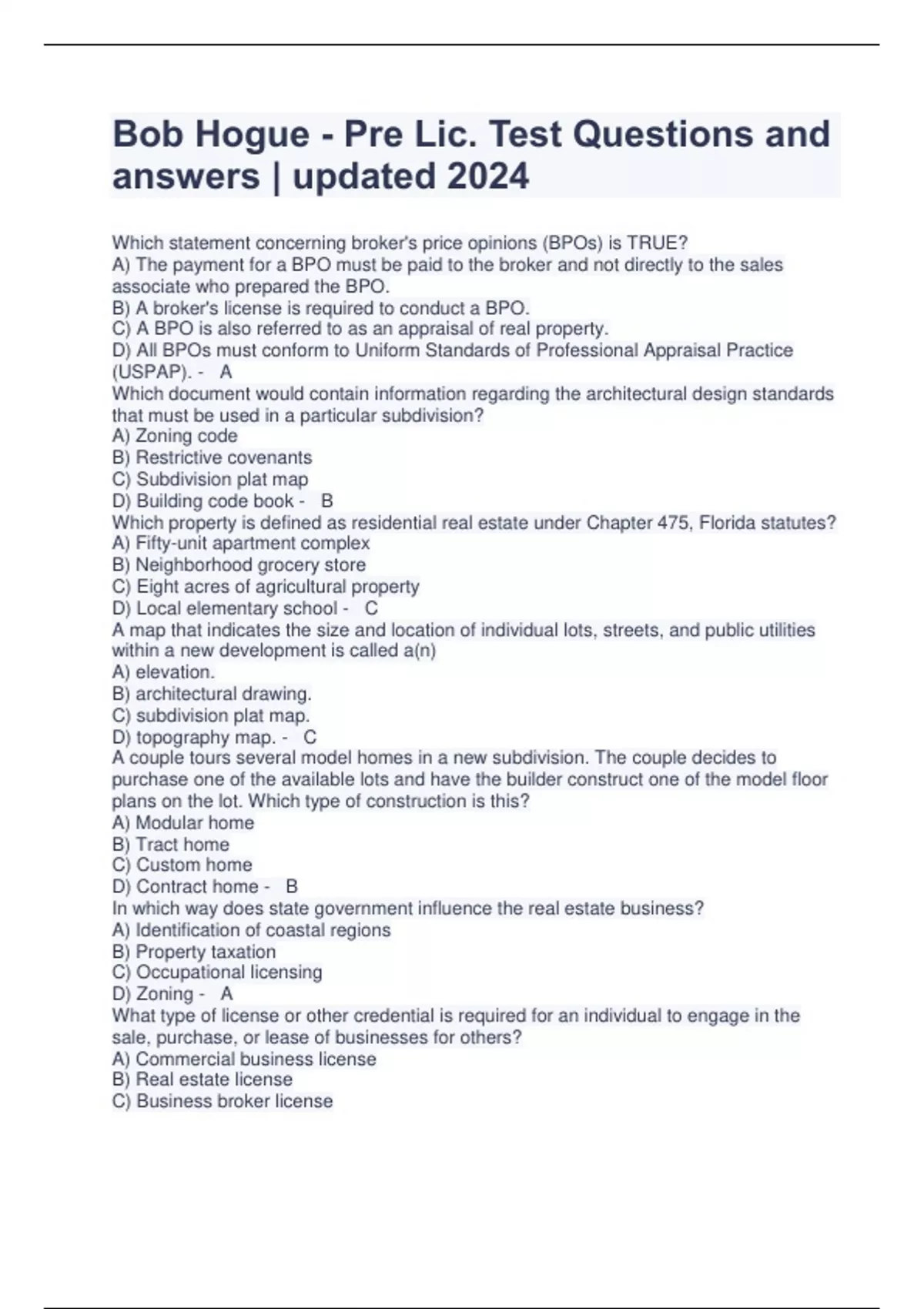 Bob Hogue - Pre Lic. Test Questions and answers | updated 2024 - Bob ...