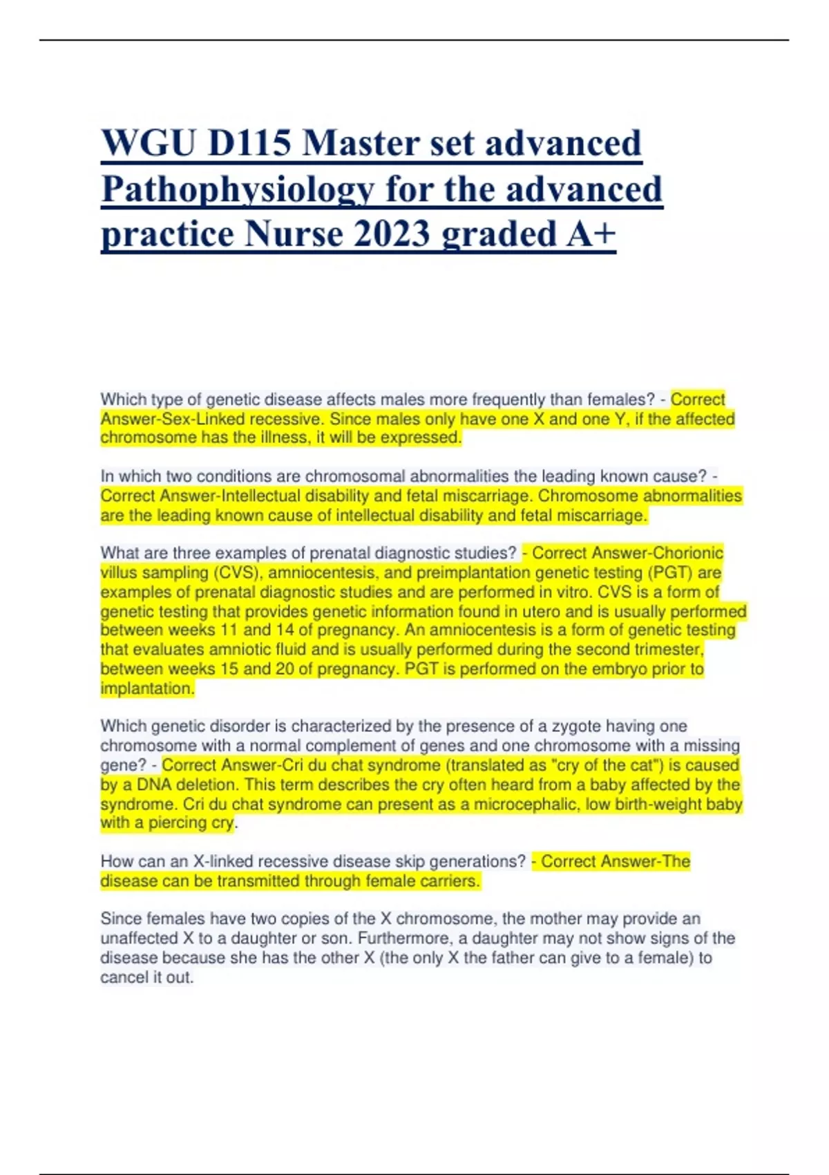 WGU D115 Master set advanced Pathophysiology for the advanced practice Nurse 2023 graded A+ ...