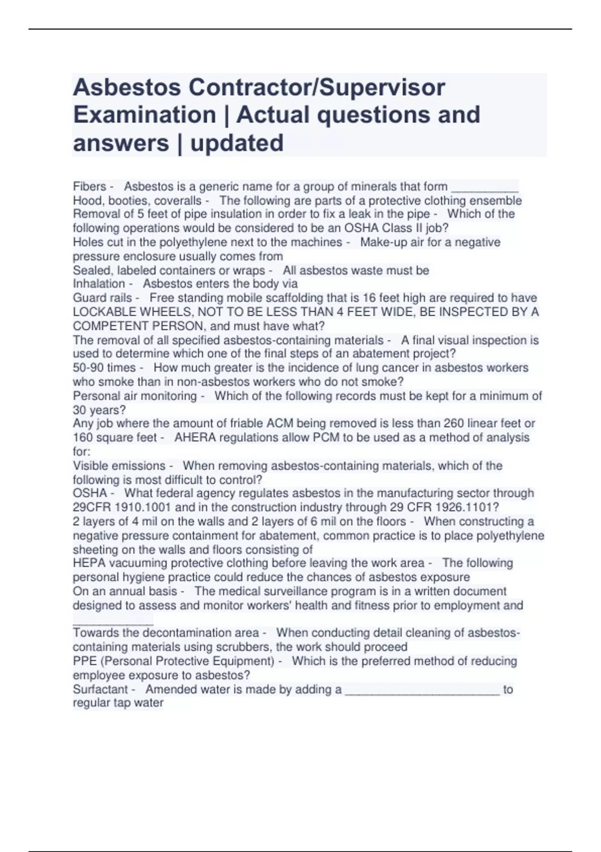 Asbestos Contractor/Supervisor Examination | Actual questions and ...