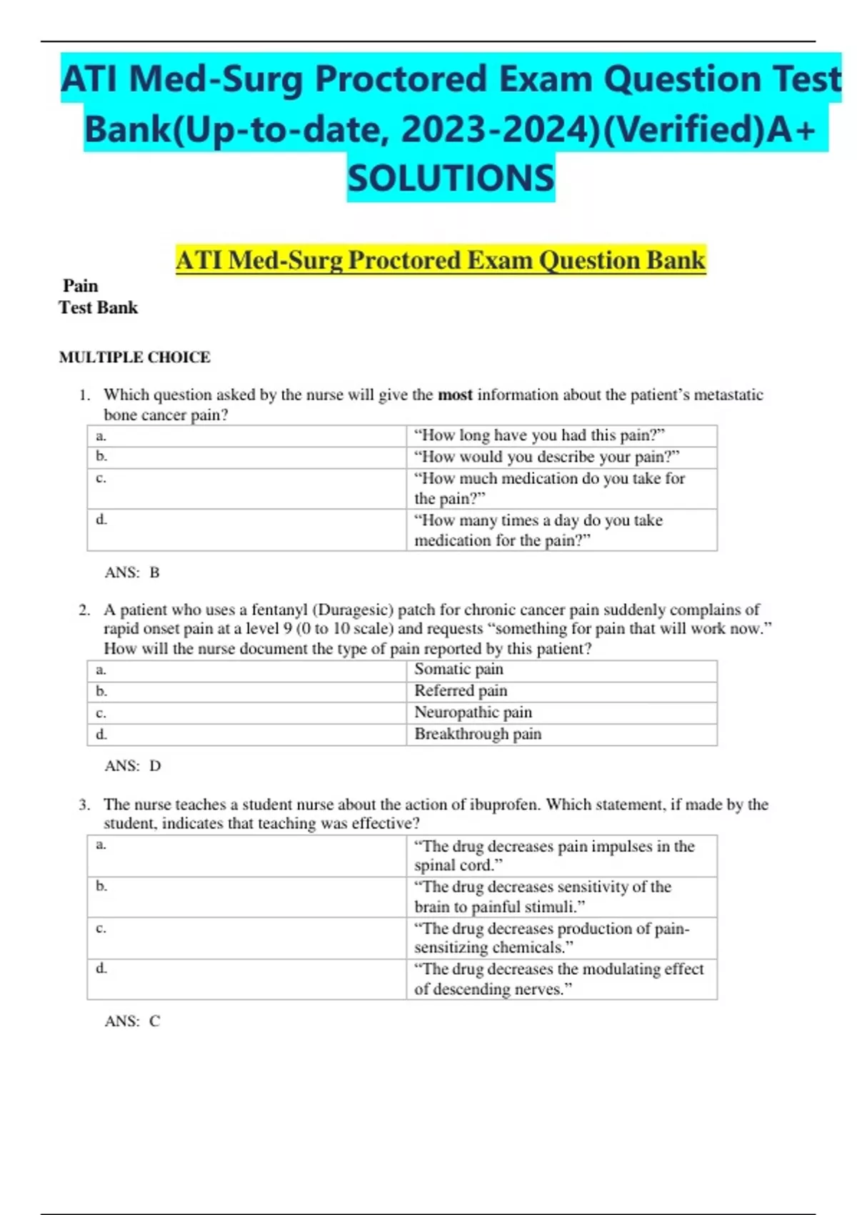 ATI Med-Surg Proctored Exam Question Test Bank(Up-to-date, )(Verified ...
