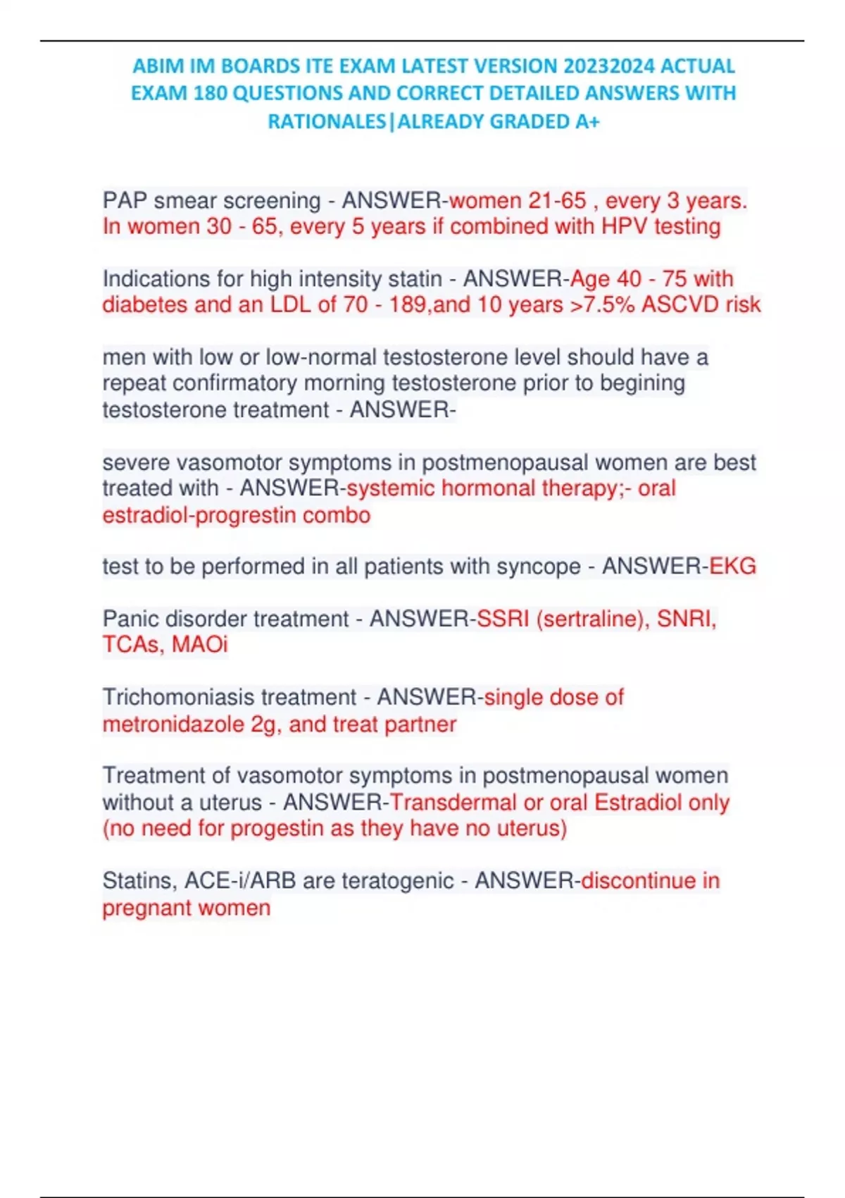 ABIM IM BOARDS ITE EXAM LATEST VERSION ACTUAL EXAM 180 QUESTIONS AND ...