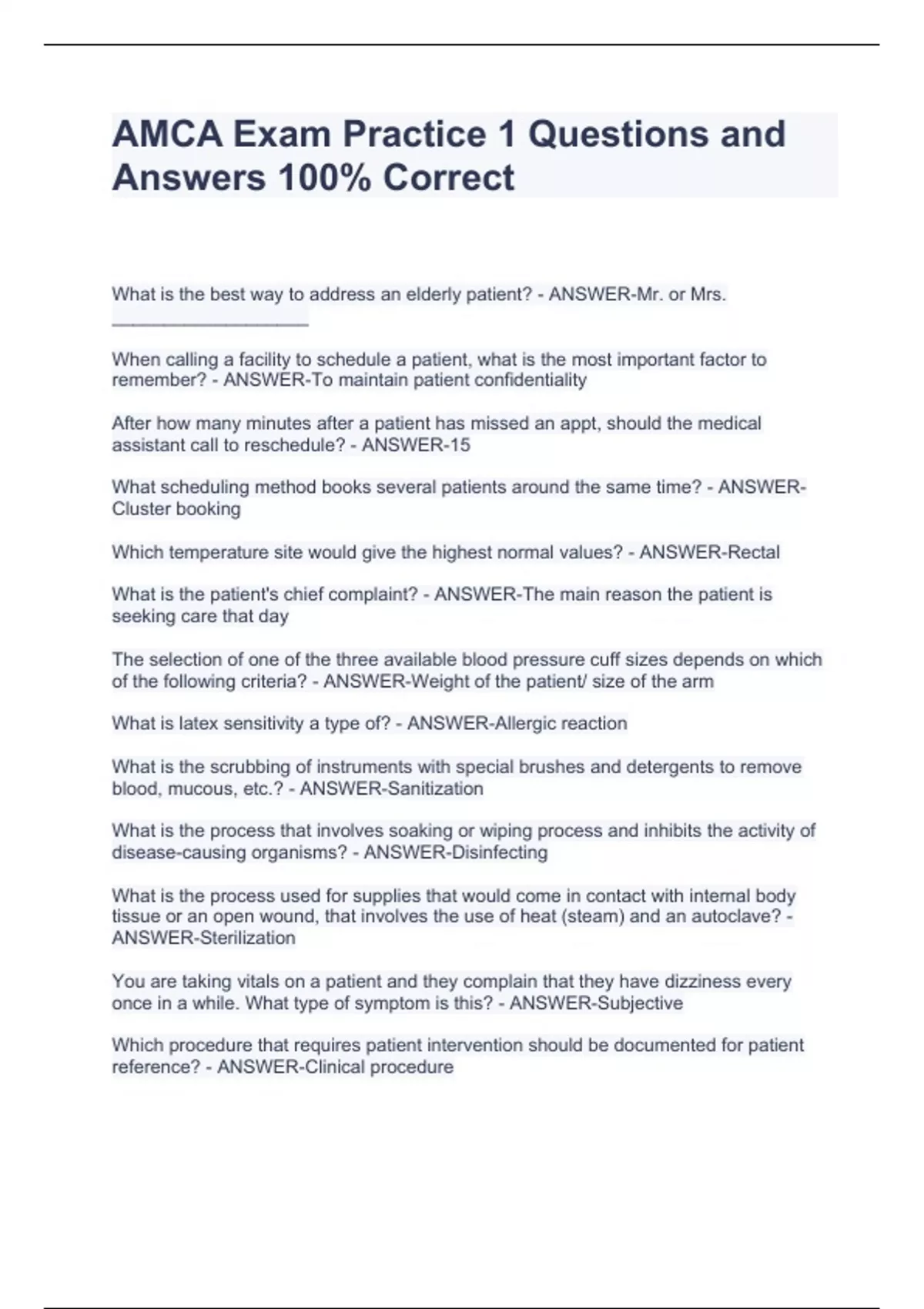AMCA Exam Practice 1 Questions and Answers 100% Correct - AMCA - Stuvia US