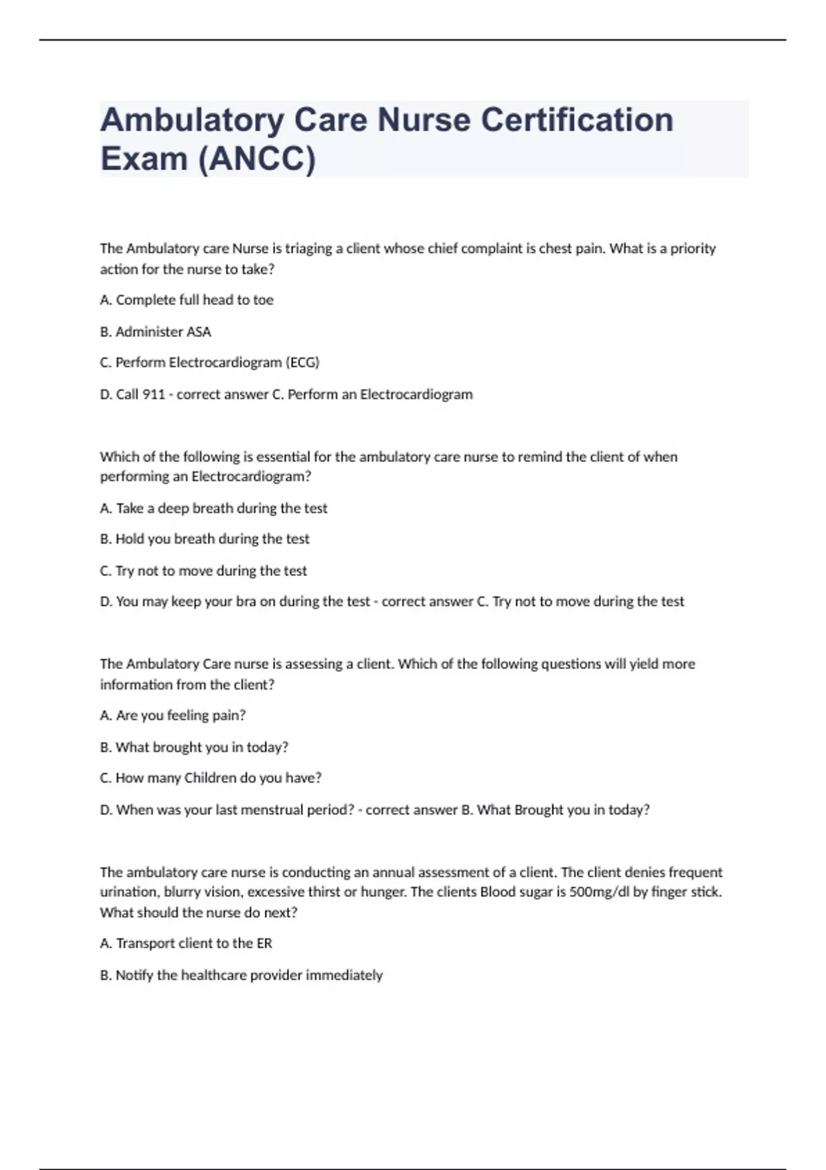 Ambulatory Care Nurse Certification Exam (ANCC) 2023 updated to pass ...