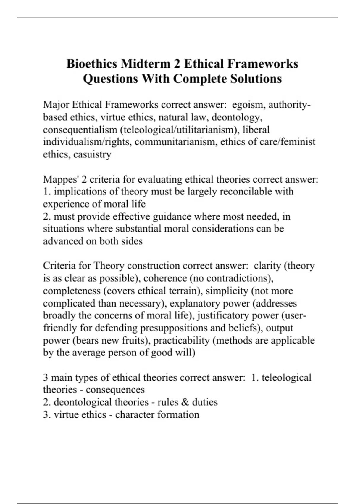 Bioethics Midterm 2 Ethical Frameworks Questions With Complete ...