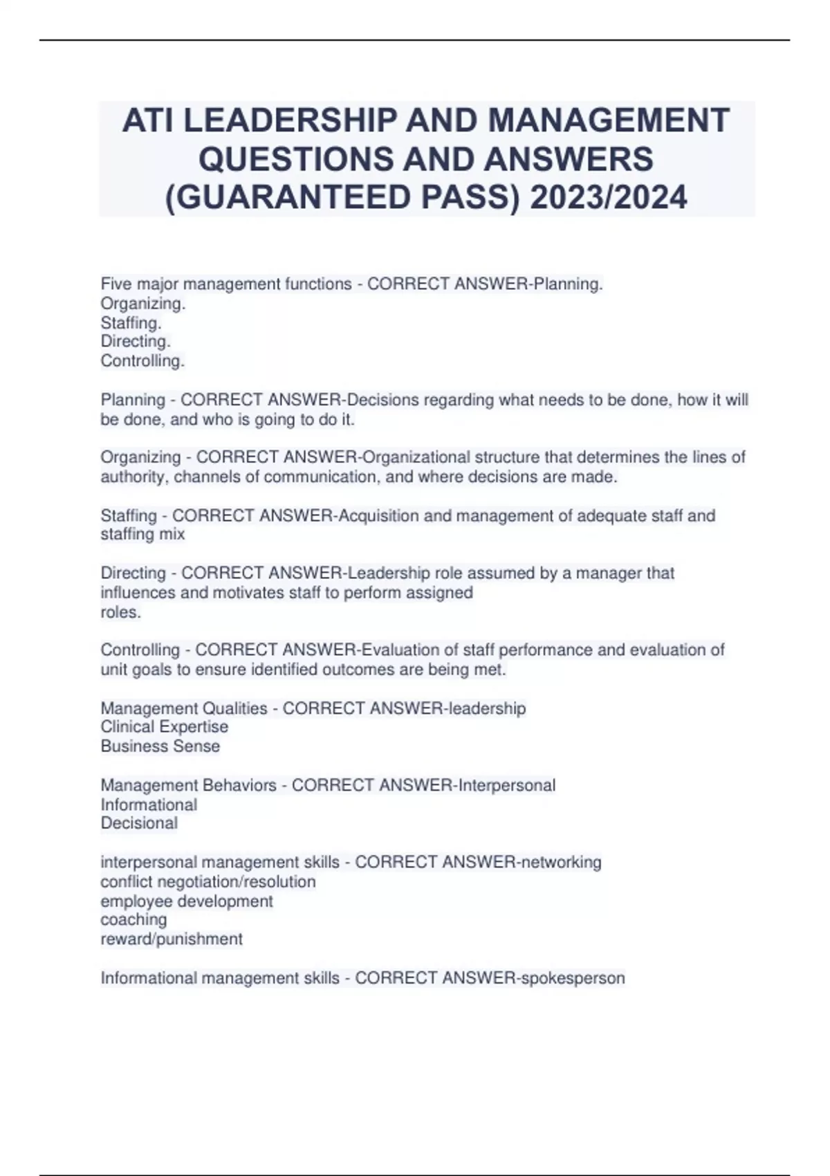 ATI LEADERSHIP AND MANAGEMENT TEST EXAM (VERRIFIED ) - ATI LEADERS ...