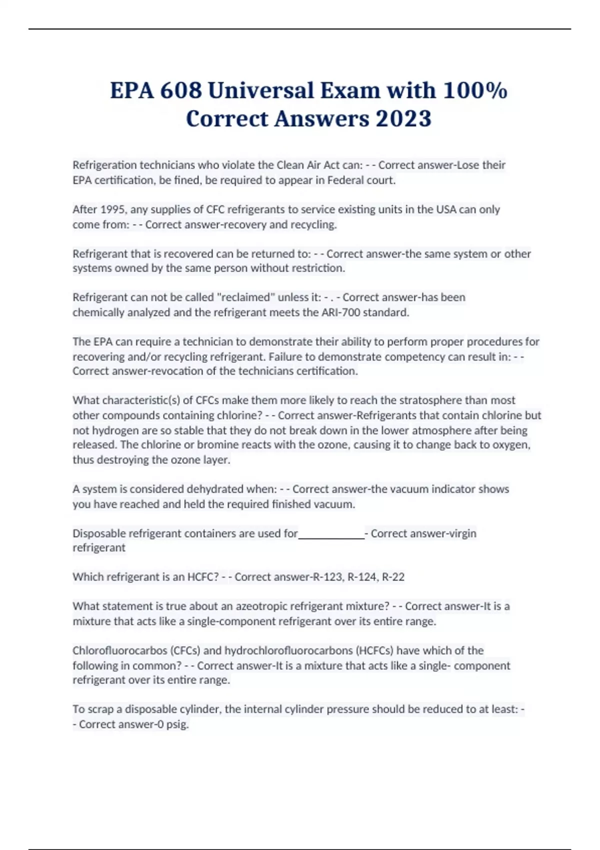 EPA 608 Universal Exam with 100% Correct Answers 2023 - EPA 608 - Stuvia US