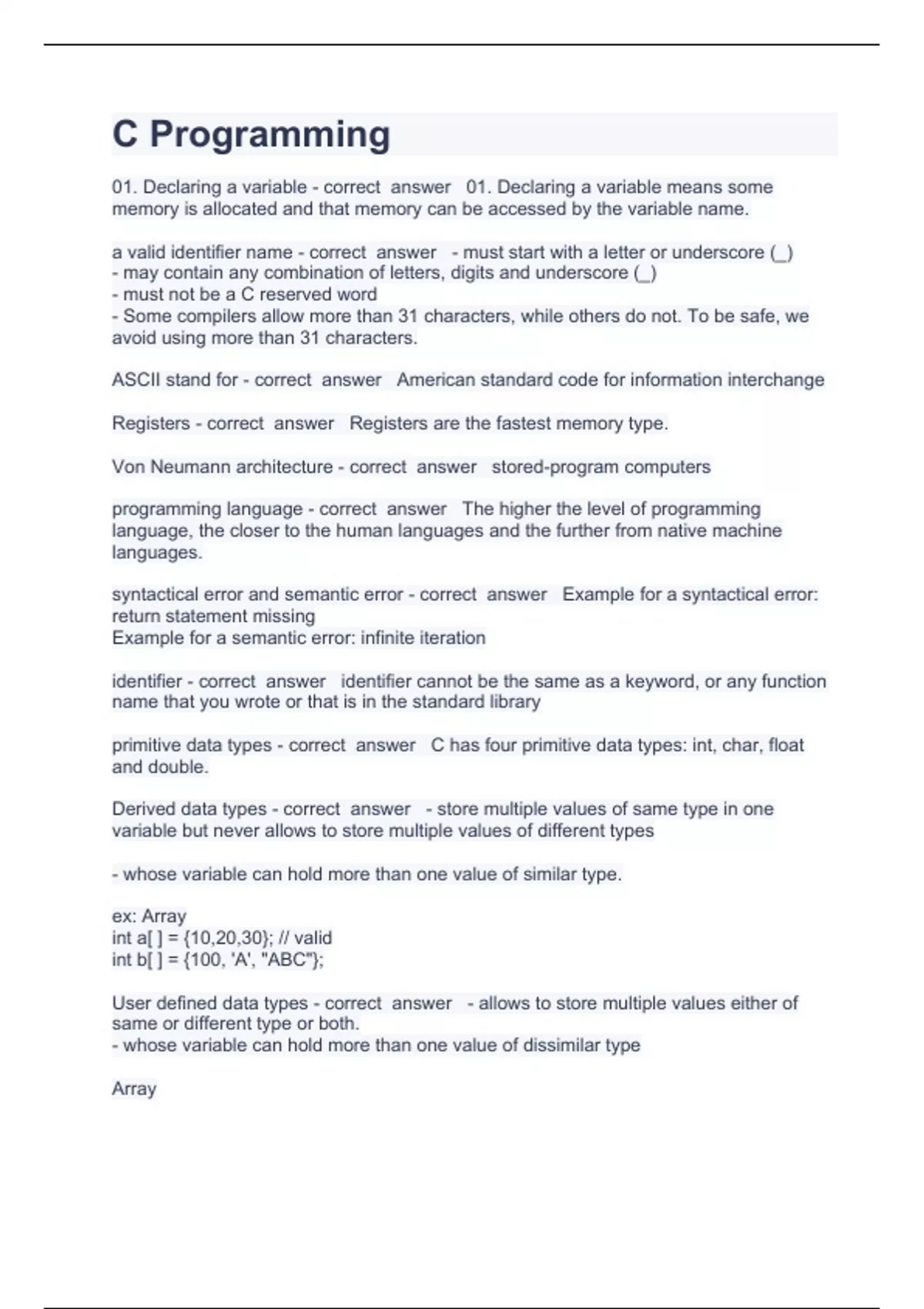 C Programming c questions and answers rated A+ 2023 - C PROGRAMMING - Stuvia US