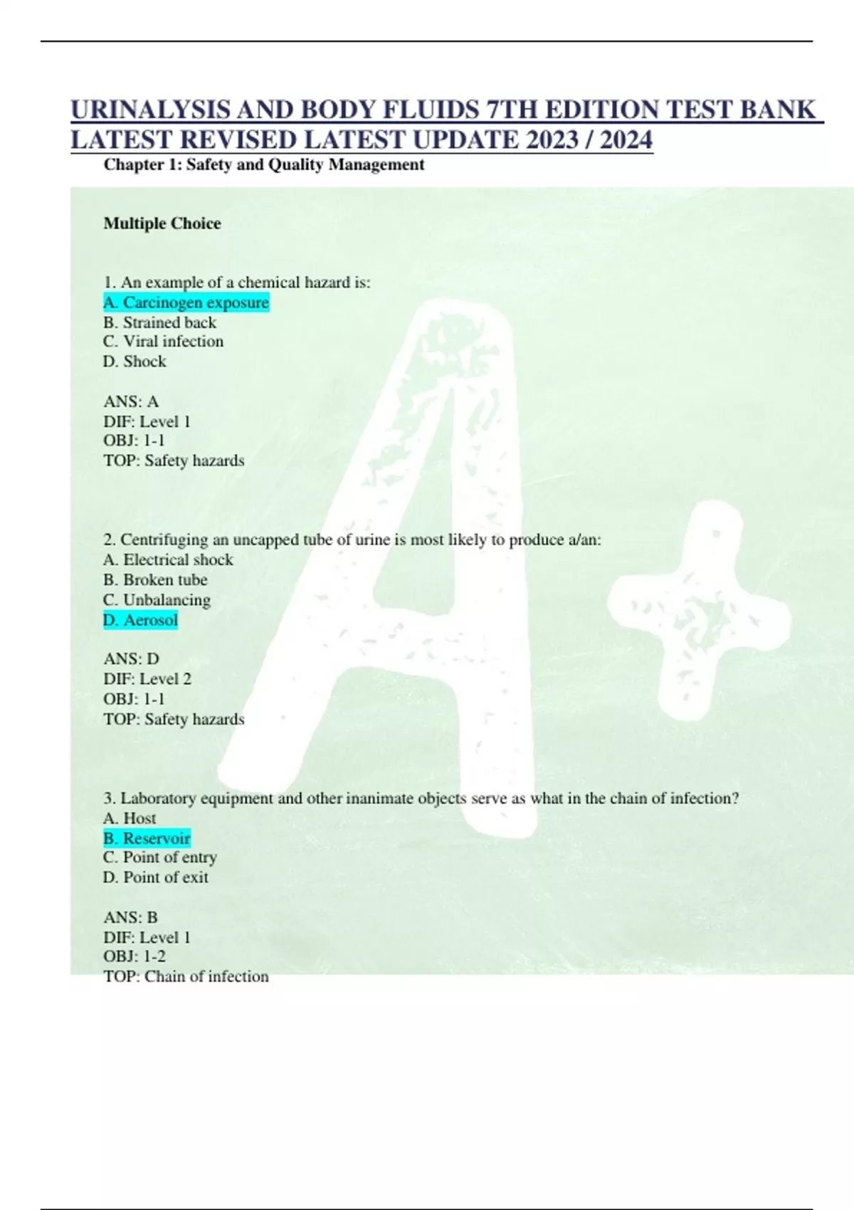 URINALYSIS AND BODY FLUIDS 7TH EDITION TEST BANK LATEST REVISED LATEST ...