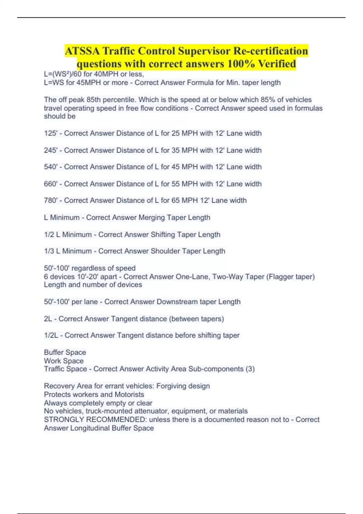 Atssa Traffic Control Supervisor Re Certification Questions With Correct Answers 100 Verified