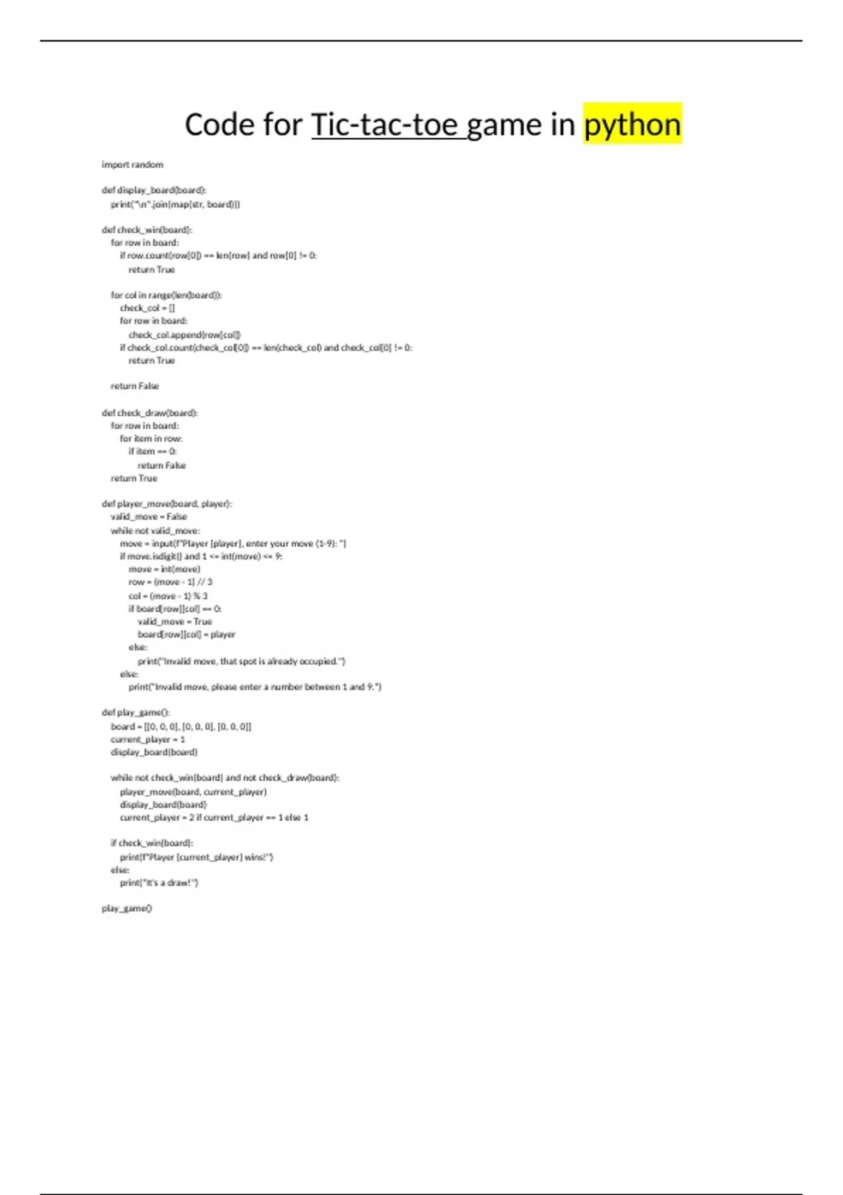 Summary Code For Tic Tac Toe Game In Python Programming Stuvia Us