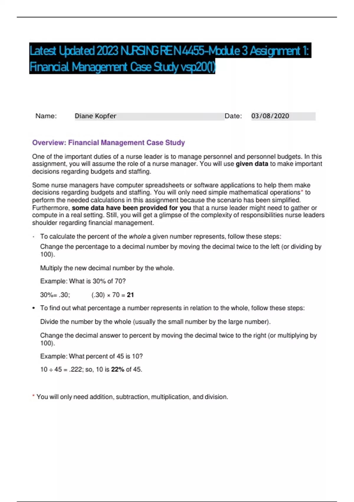 Latest Updated 2023 NURSING RE N 4455-Module 3 Assignment 1: Financial ...