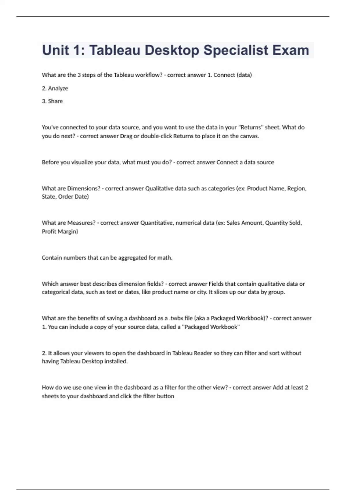 Unit 1 Tableau Desktop Specialist Exam question and answers 2023 ...