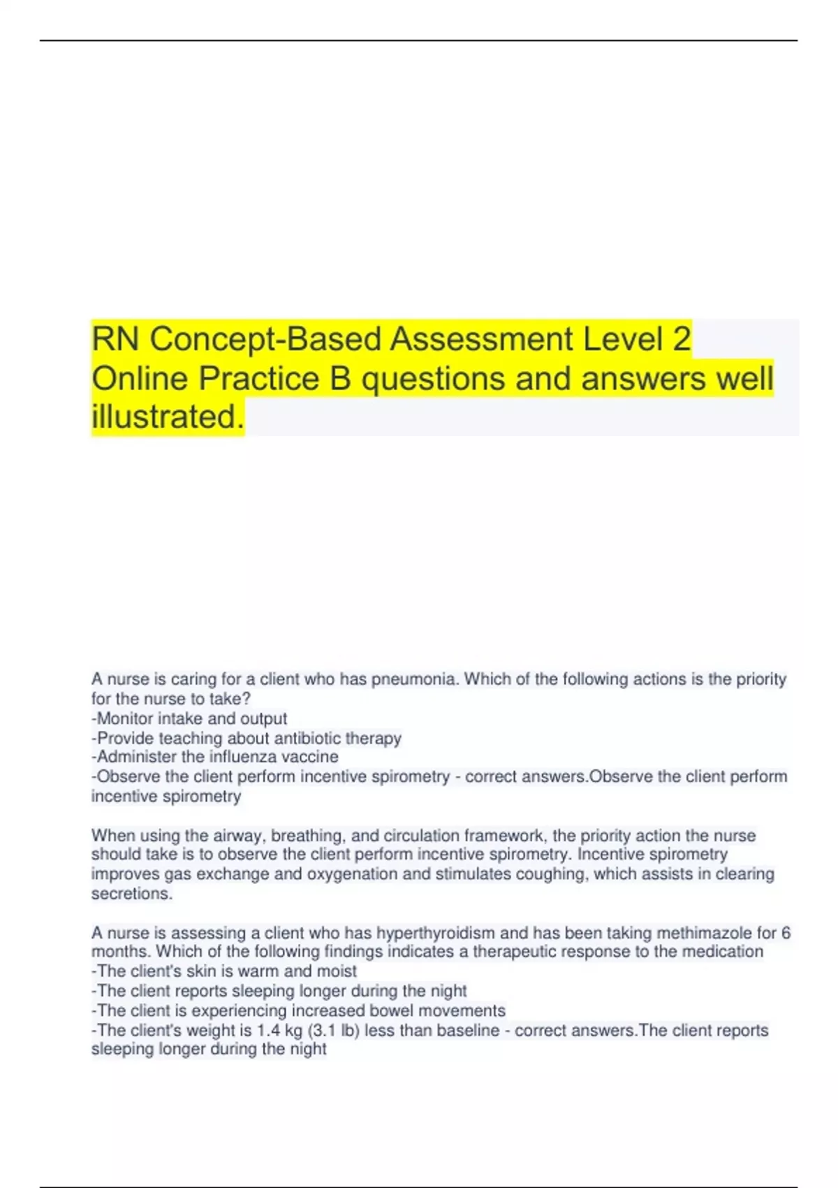RN Concept-Based Assessment Level 2 Online Practice B questions and ...