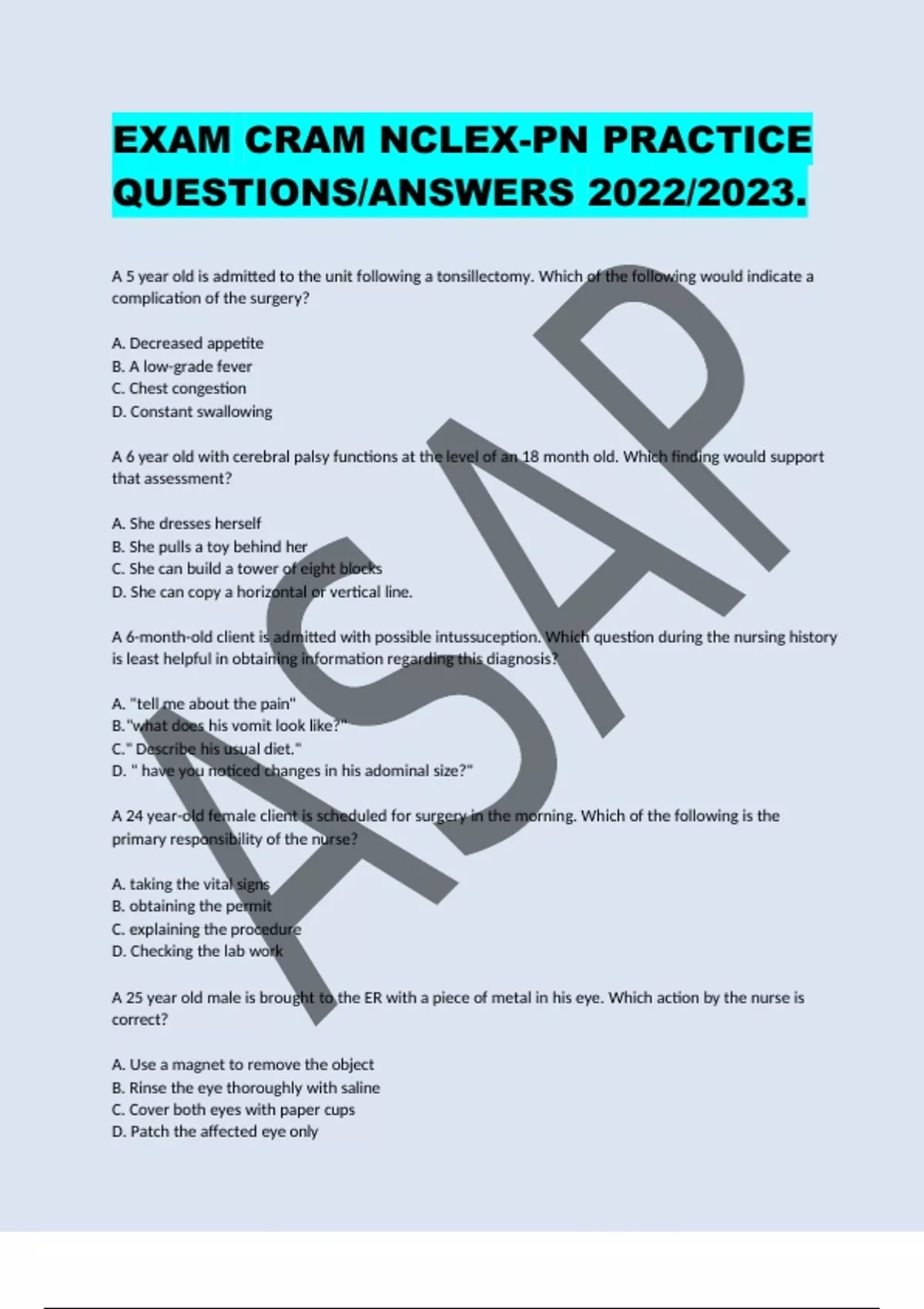 EXAM CRAM NCLEX-PN PRACTICE QUESTIONS/ANSWERS 2022/2023. - Exa NURS ...
