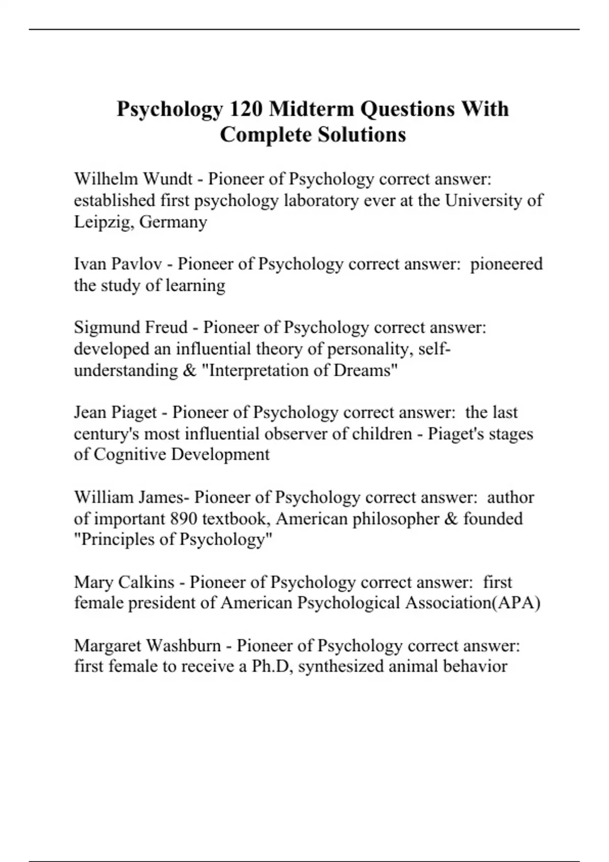 Psychology 120 Midterm Questions With Complete Solutions - PSY 120 ...