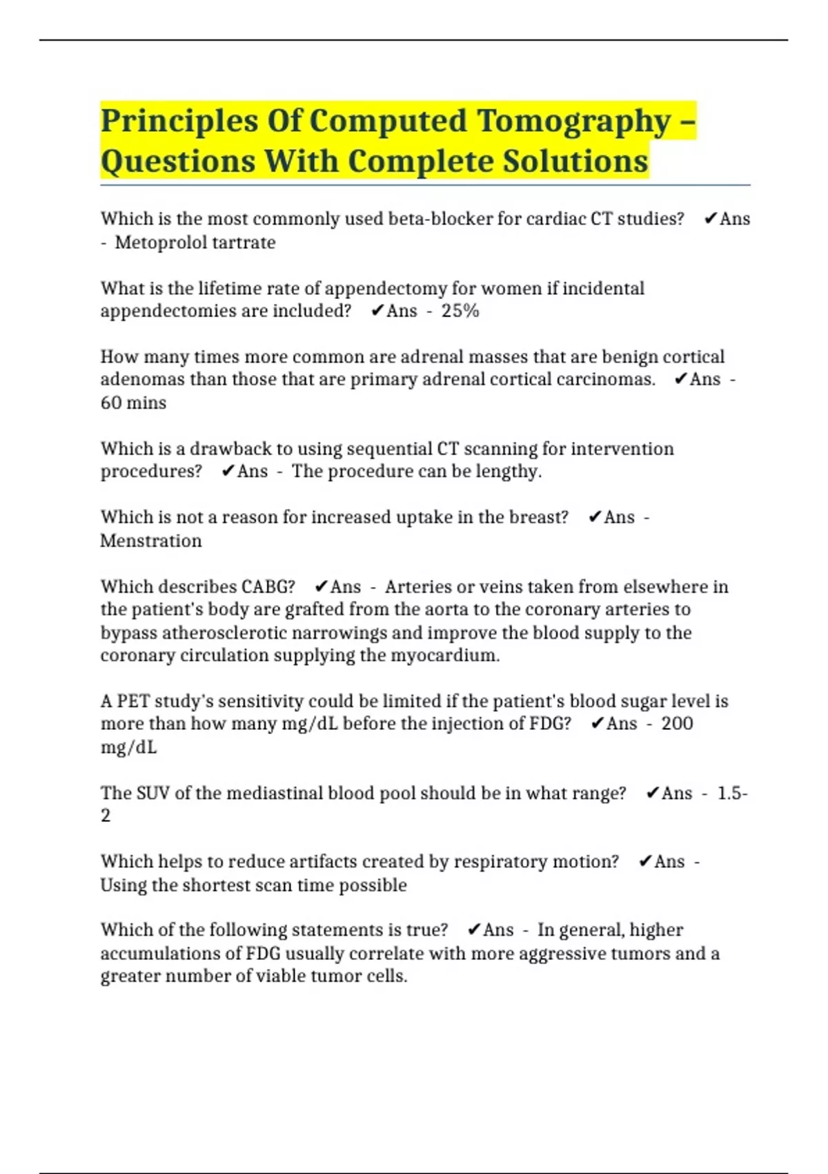 Principles Of Computed Tomography – Questions With Complete Solutions ...