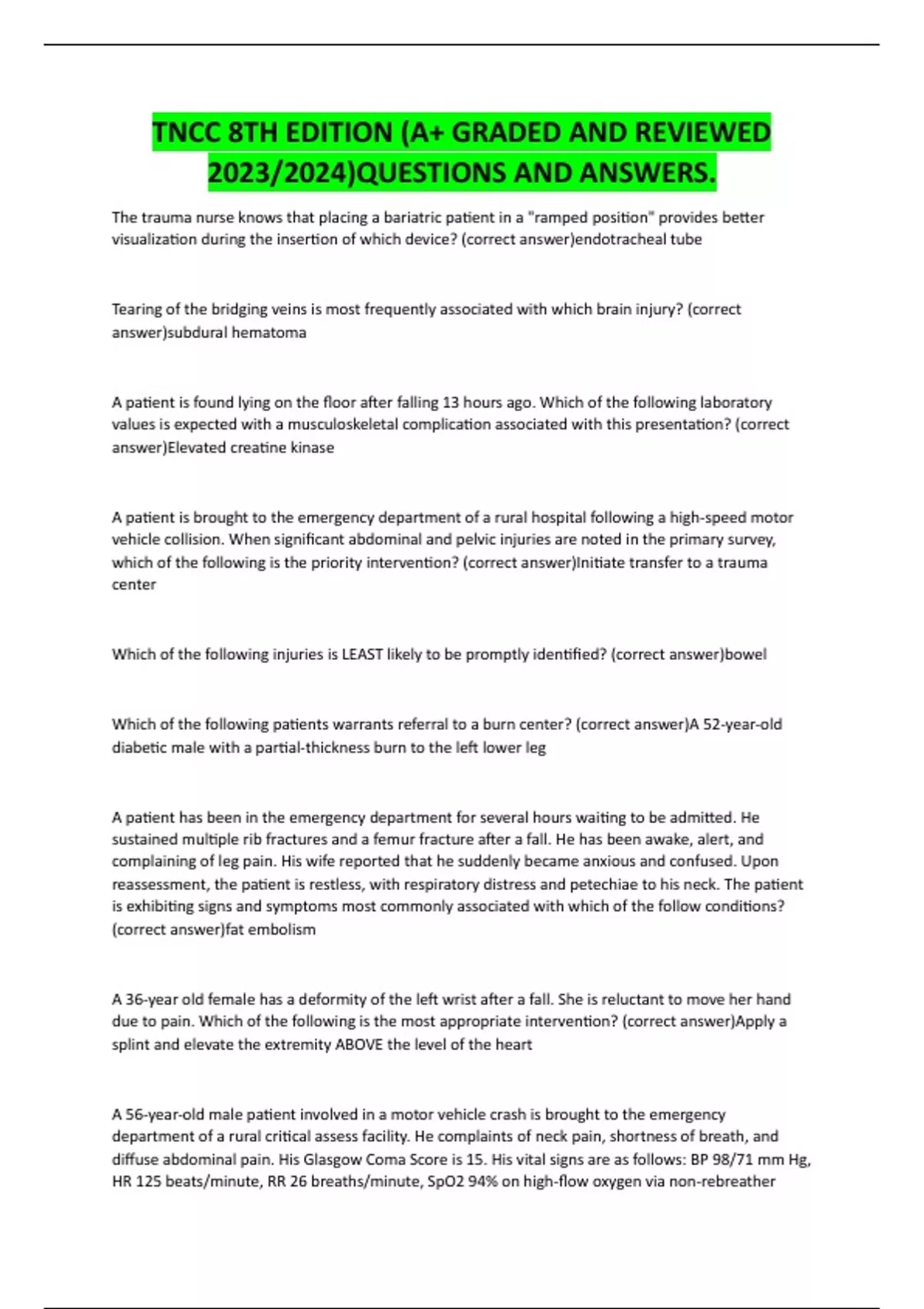 TNCC 8th Edition (A GRADED AND REVIEWED 2023/ 2024 detailed Questions ...