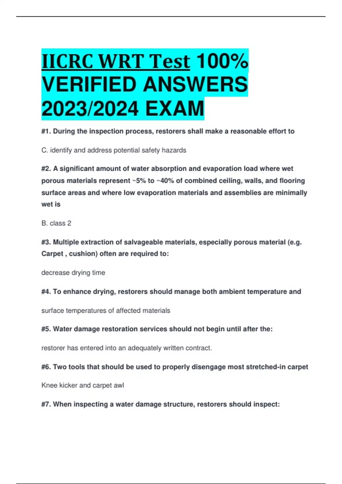 IICRC WRT Test 100% VERIFIED ANSWERS 2023/2024 EXAM - IICRC WRT - Stuvia US