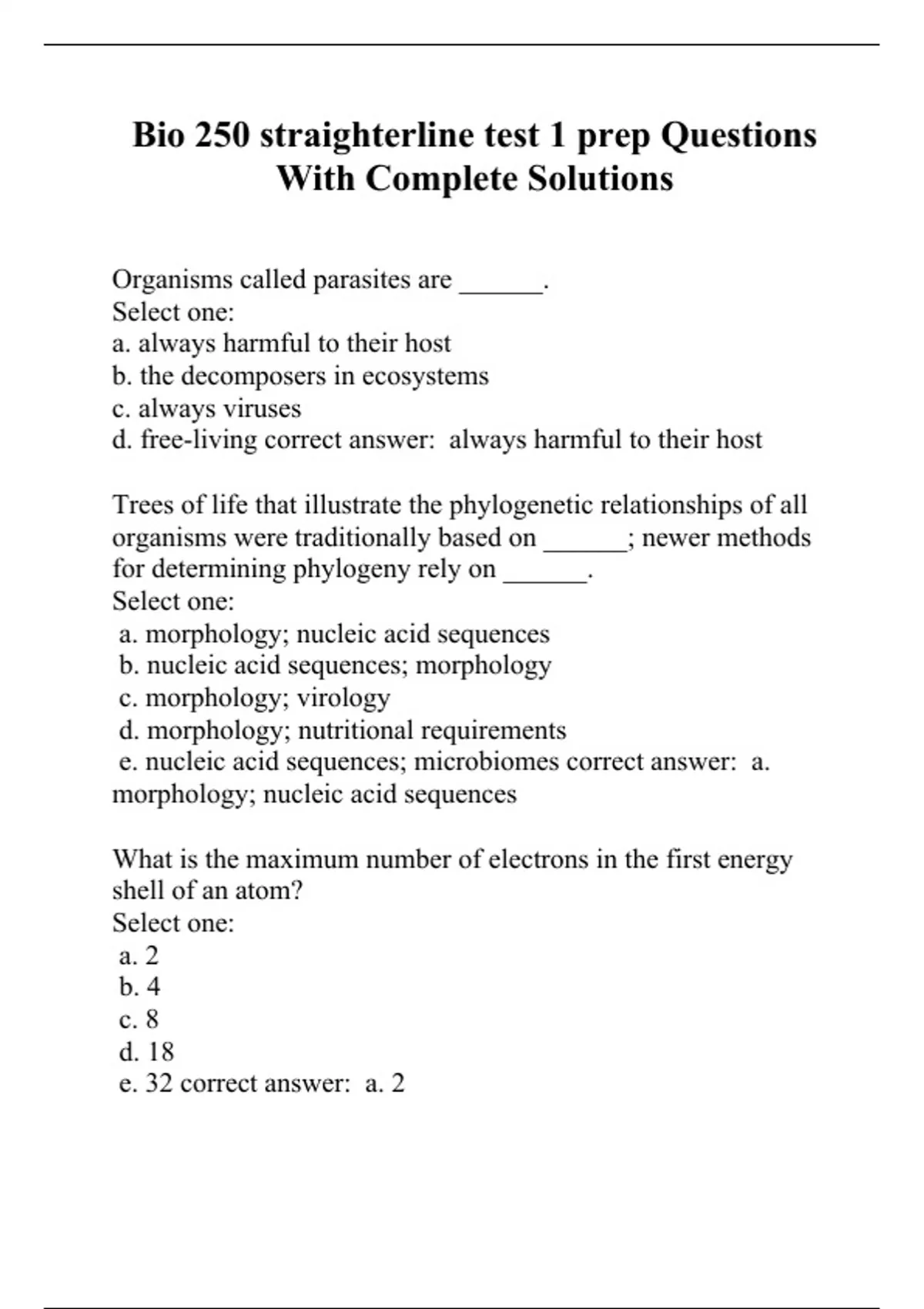 Bio 250 straighterline test 1 prep Questions With Complete Solutions ...