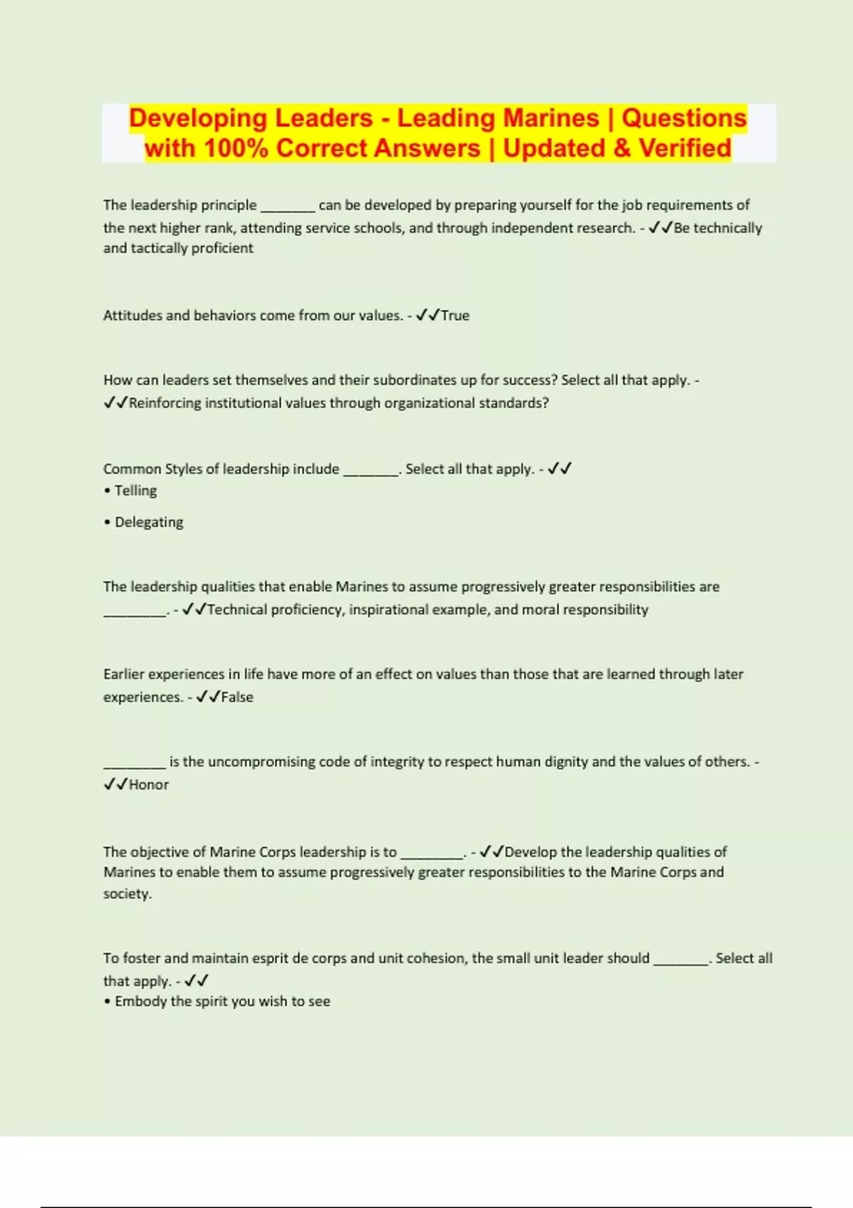 Developing Leaders - Leading Marines | Questions with 100% Correct ...