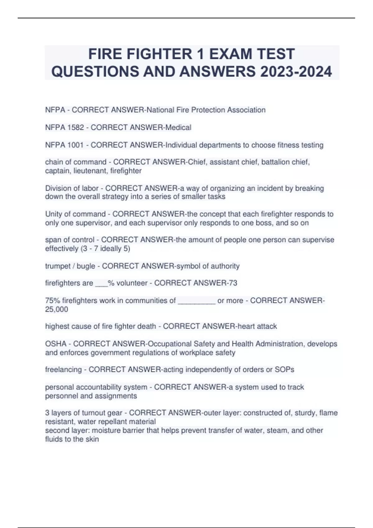 Package deal for FIRE FIGHTER 1 AND 2 STUDY GUIDE FIULLY COVERED WITH CORRECT ANSWERS - Stuvia US