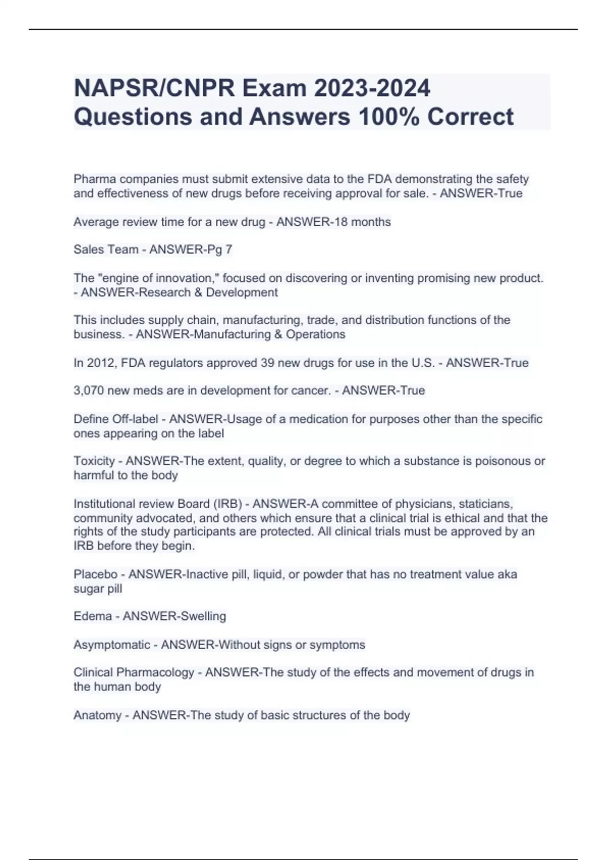 NAPSR/CNPR Exam PACKAGE DEAL| Questions and Answers 100% Correct ...