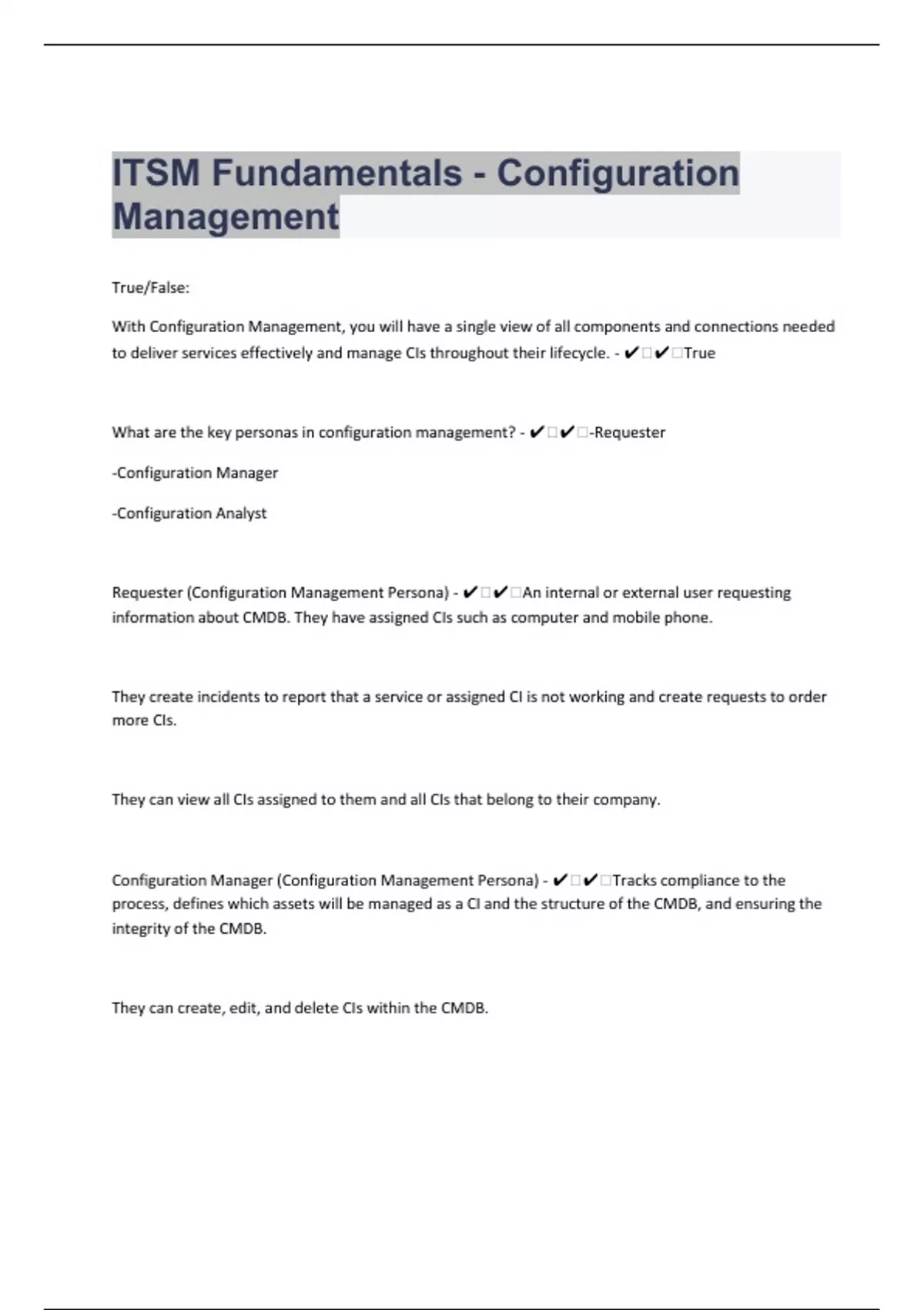 ITSM Fundamentals - Configuration Management |108 Questions with 100% ...