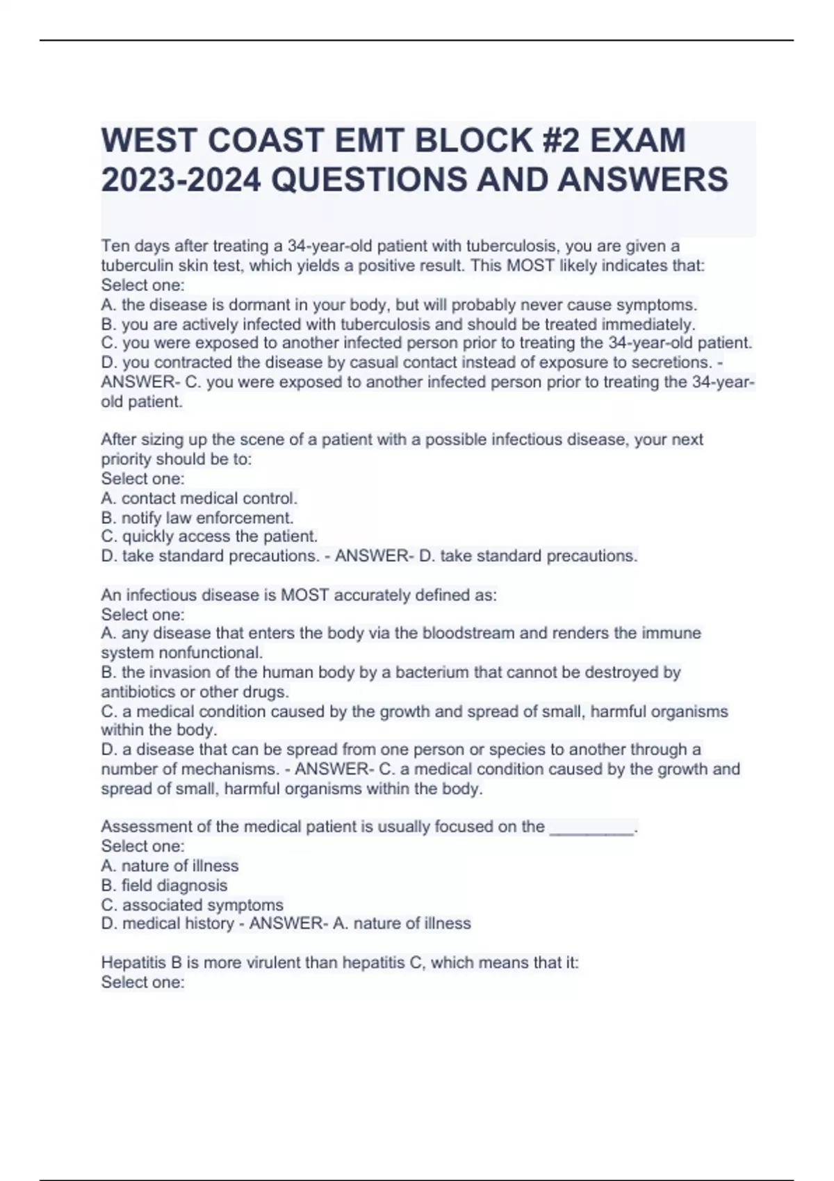 WEST COAST EMT BLOCK #2 EXAM QUESTIONS AND ANSWERS - West coast Emt - Stuvia US