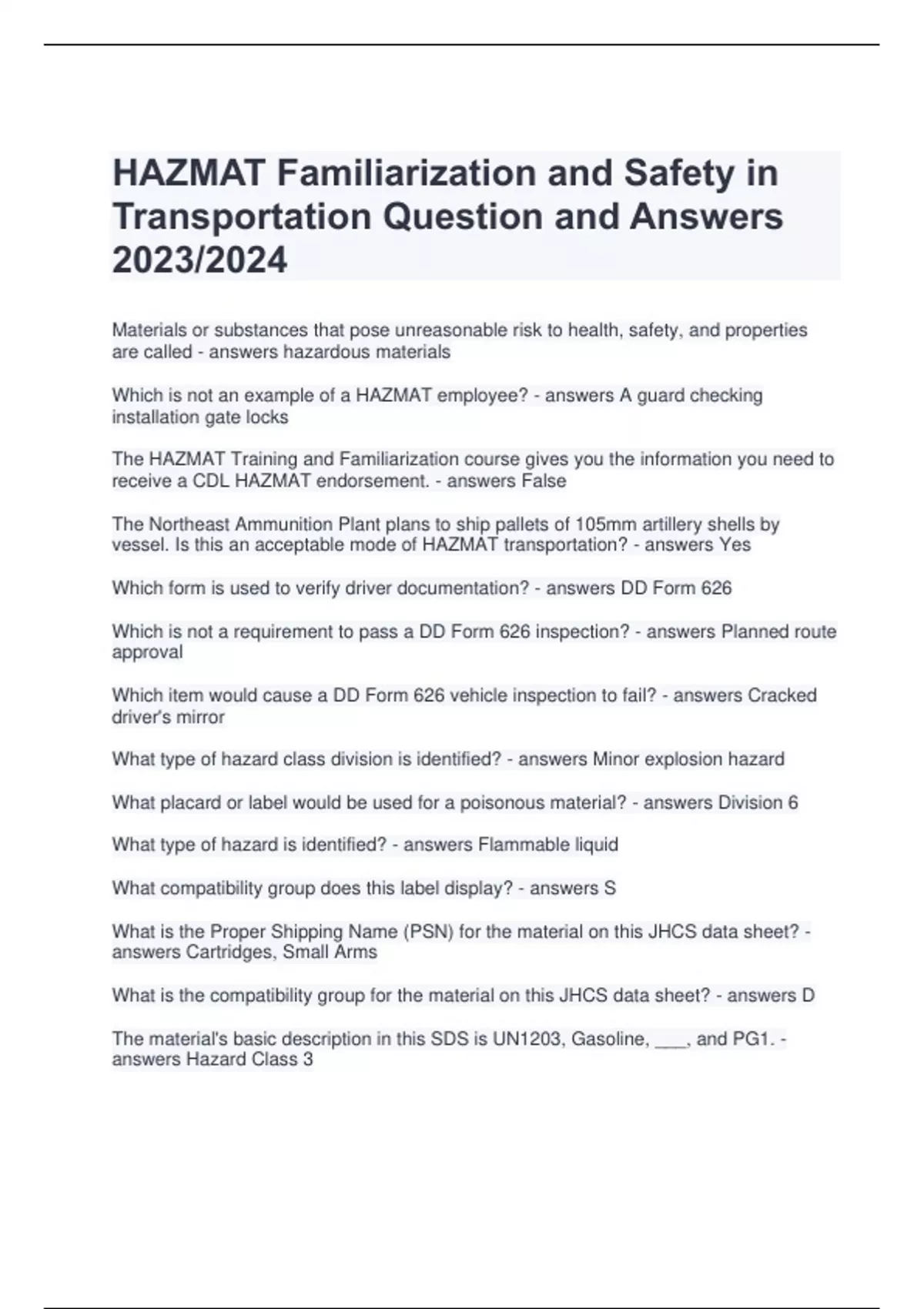 HAZMAT Familiarization and Safety in Transportation Question and ...