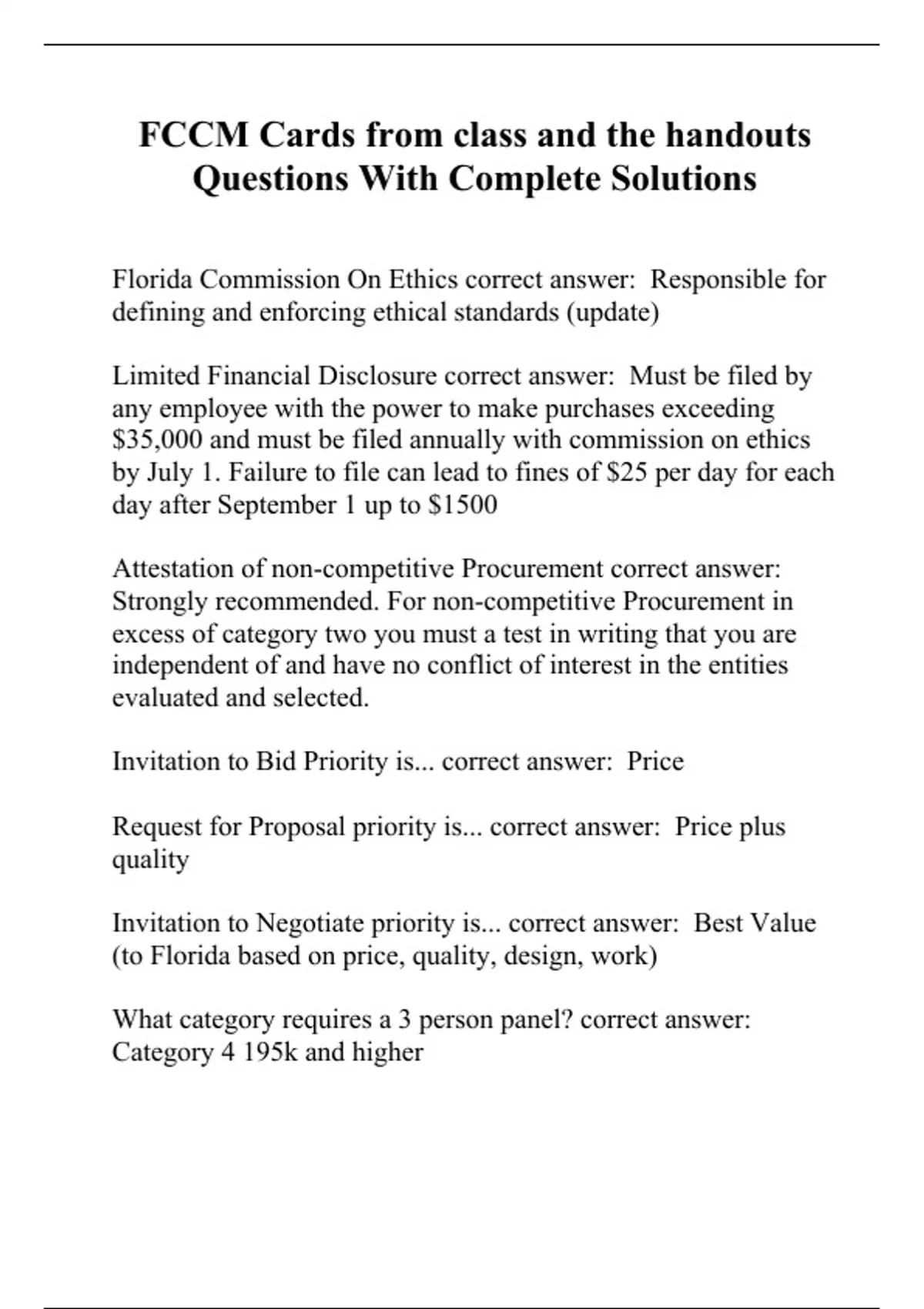 FCCM Cards from class and the handouts Questions With Complete Solutions - FCCM - Stuvia US