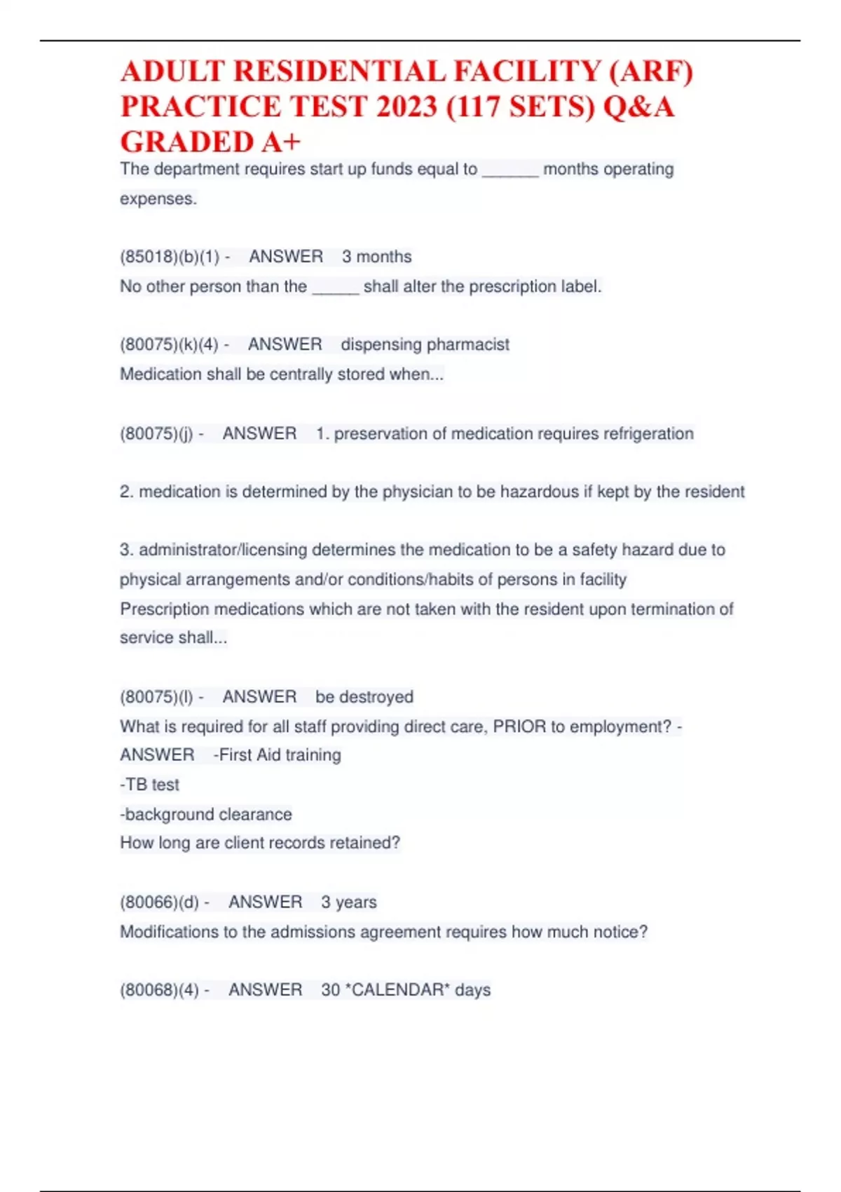 ADULT RESIDENTIAL FACILITY (ARF) PRACTICE TEST 2023 (117 SETS ...