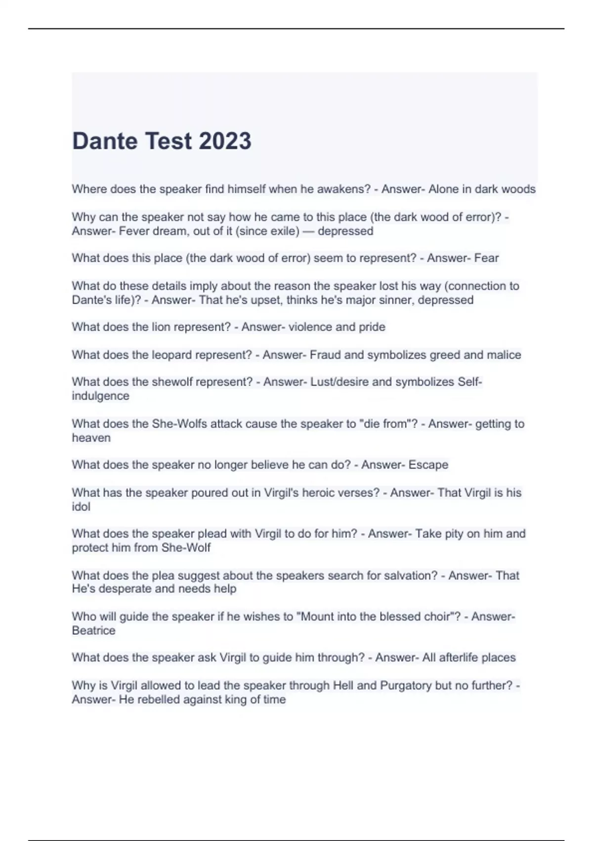Dante Test 2023 with complete solutions - DANTE - Stuvia US