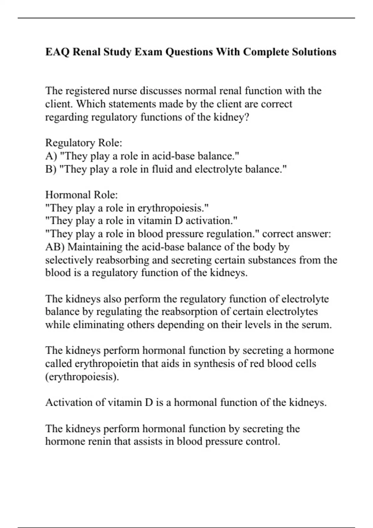 EAQ Renal Study Exam Questions With Complete Solutions - EAQ Renal ...