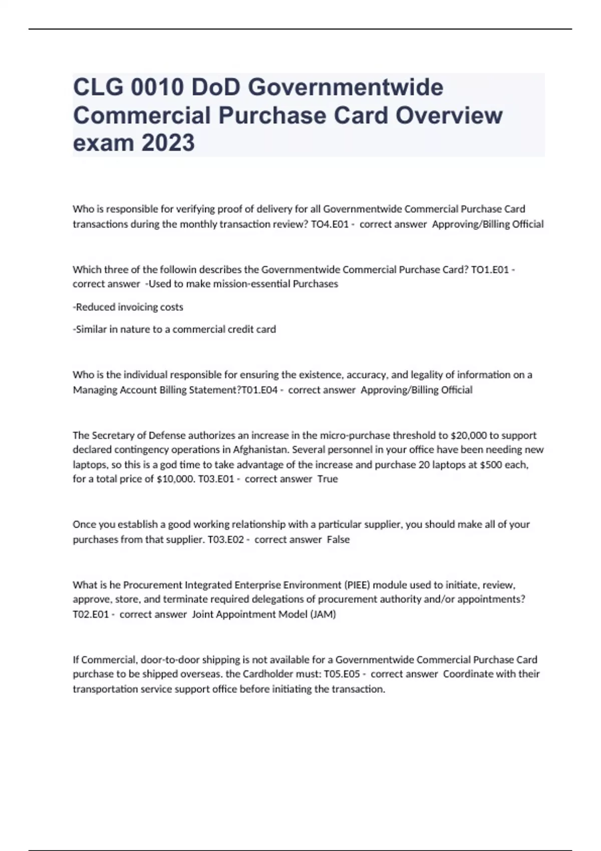 CLG 0010 DoD Governmentwide Commercial Purchase Card Overview exam 2023 - CLGOO1O - Stuvia US