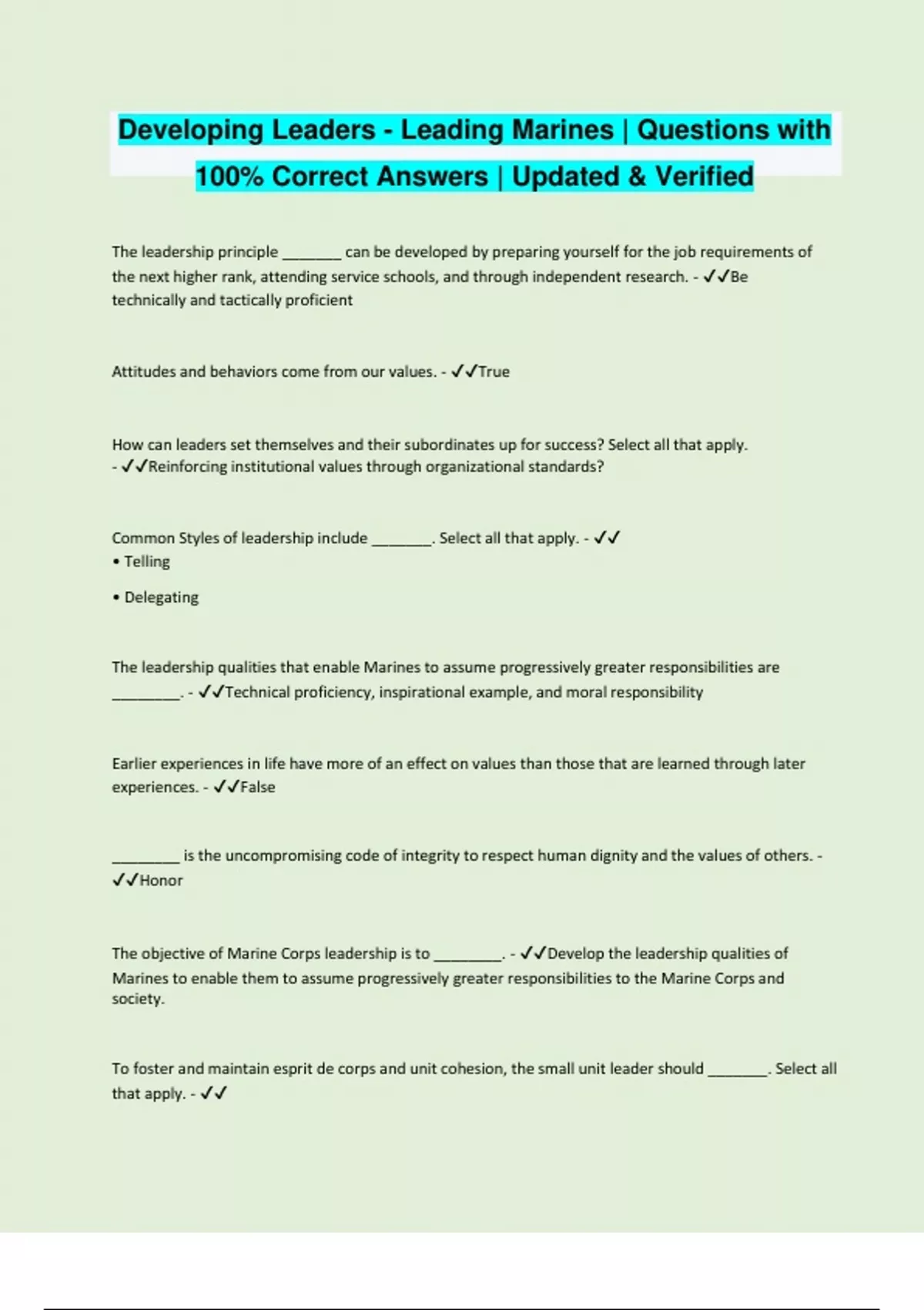 Developing Leaders - Leading Marines | Questions with 100% Correct ...