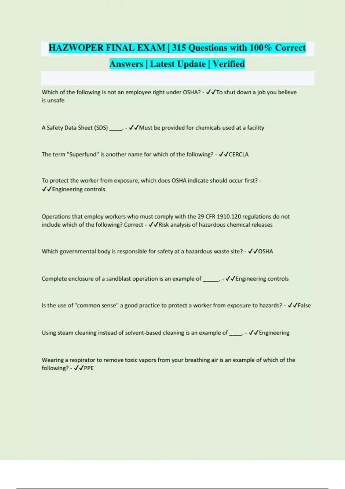 HAZWOPER FINAL EXAM | 315 Questions with 100% Correct Answers | Latest ...
